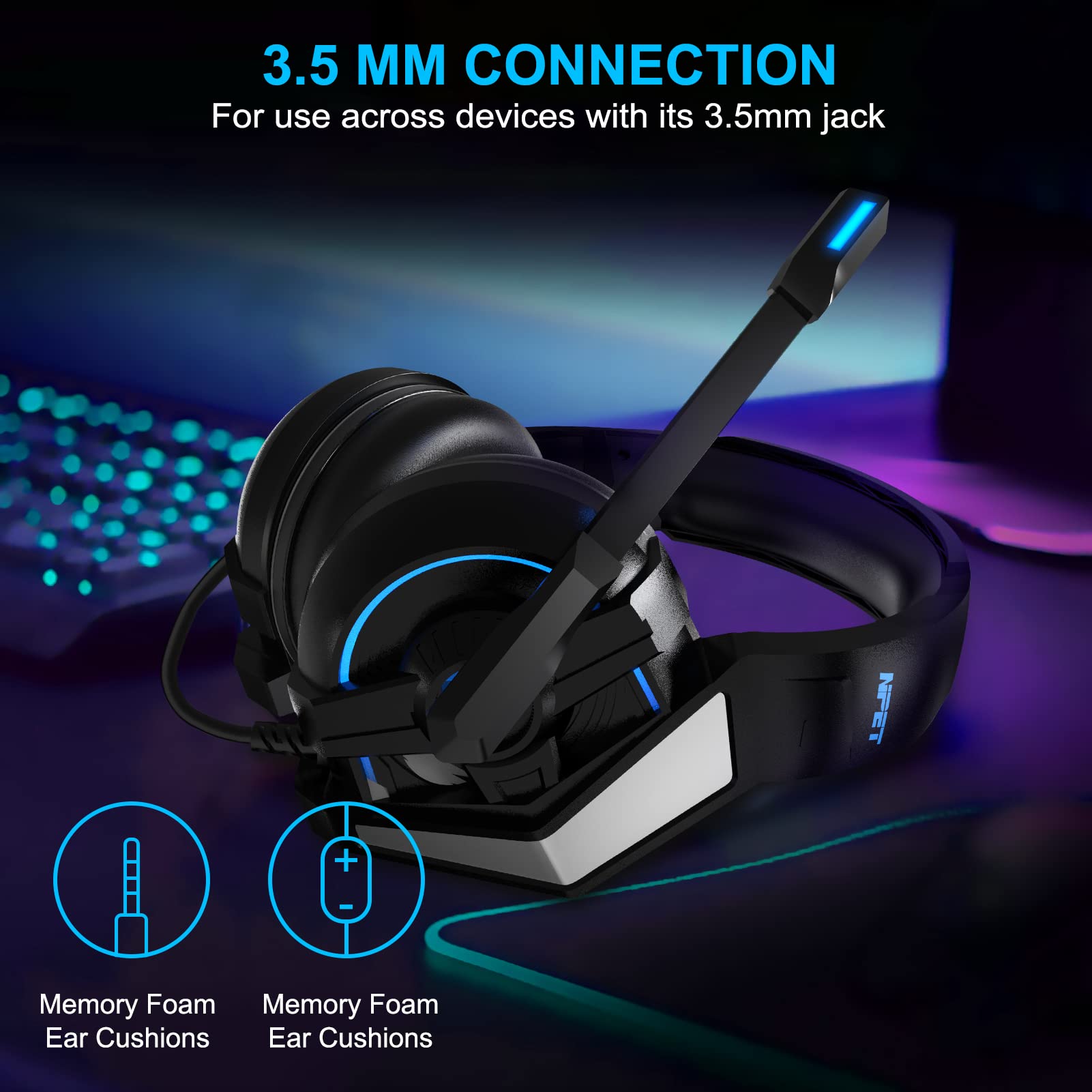 NPET HS50 Stereo Gaming Headset for PS4 PC Xbox One PS5 Controller, Noise Cancelling Over Ear Headphones with Mic,LED Light, Bass Surround, Soft Memory Earmuffs for Laptop Mac Nintendo NES Games