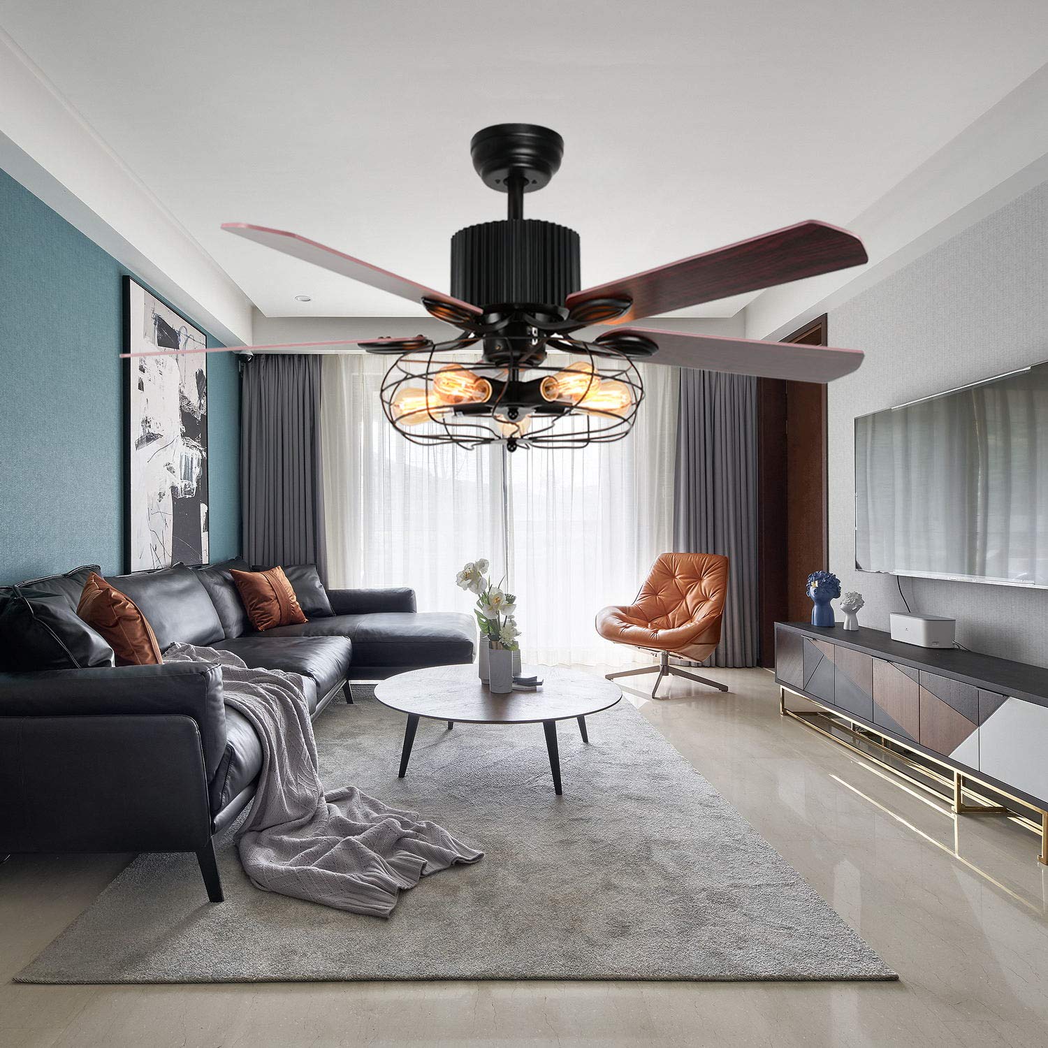 LuxureFan Vintage Industrial Ceiling Fan Light for Restaurant/Living Room with Create Iron Cage Cover Pull Chain/Remote and 5 Reversible Wood Leaves (48Inch)