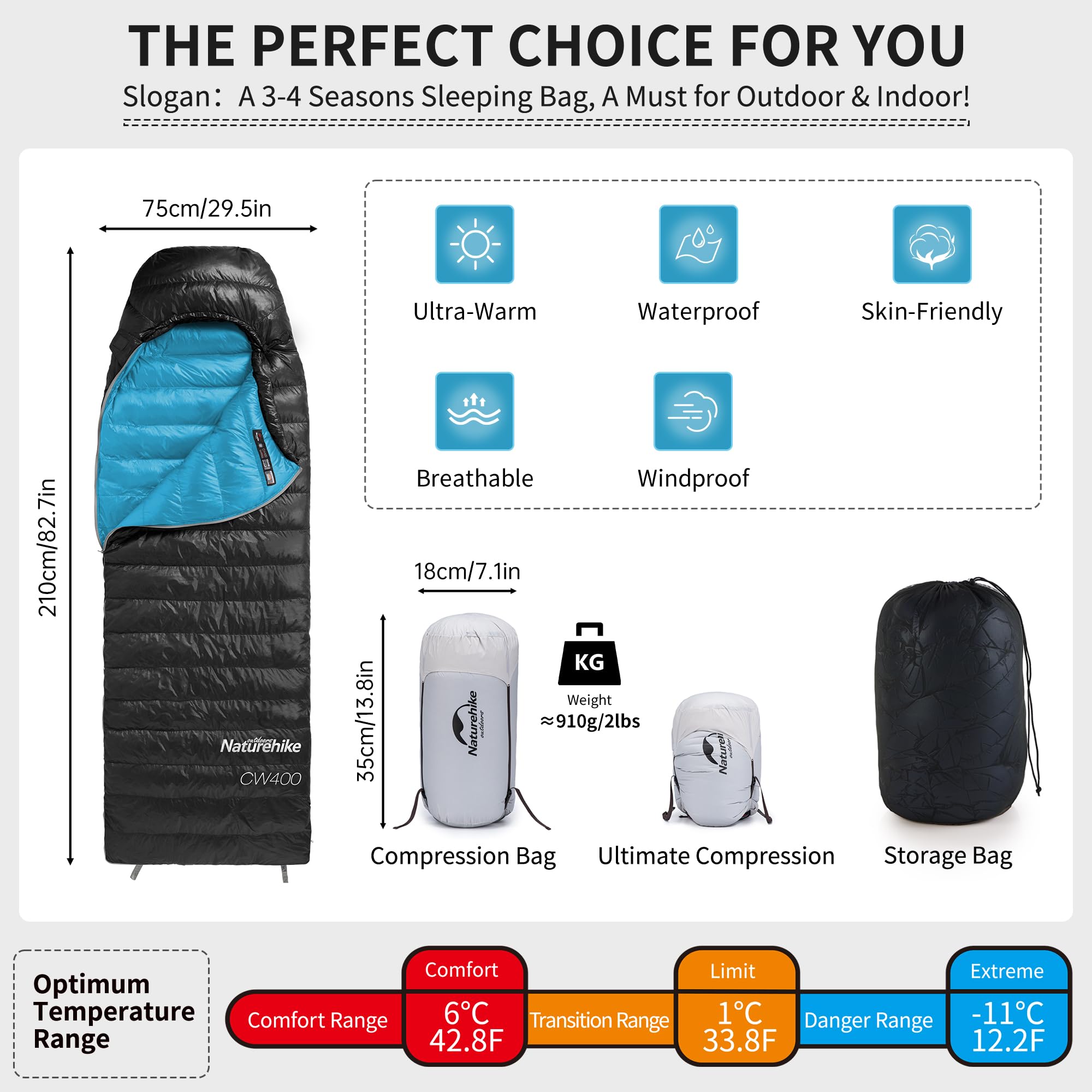 Naturehike Ultralight Goose Down Sleeping Bag, 750FP Backpacking Sleeping Bag, Compact Waterproof Sleeping Bag for Adults & Kids, Cold-Weather Sleeping Bag for Camping, Hiking, Traveling