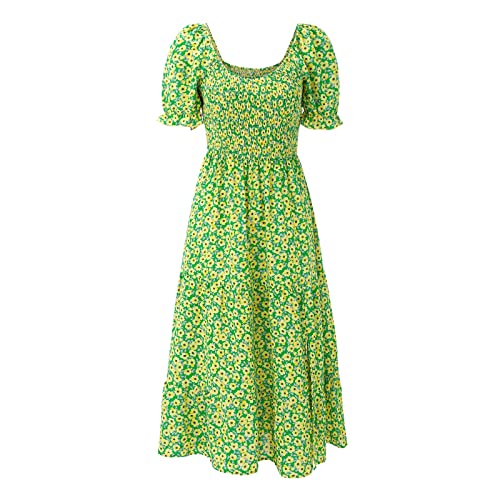 Womens Midi Skirt with Slit Flowy Summer Floral Print Scoop Neck Dress Casual Boho Short Sleeve Smocked Split Swing