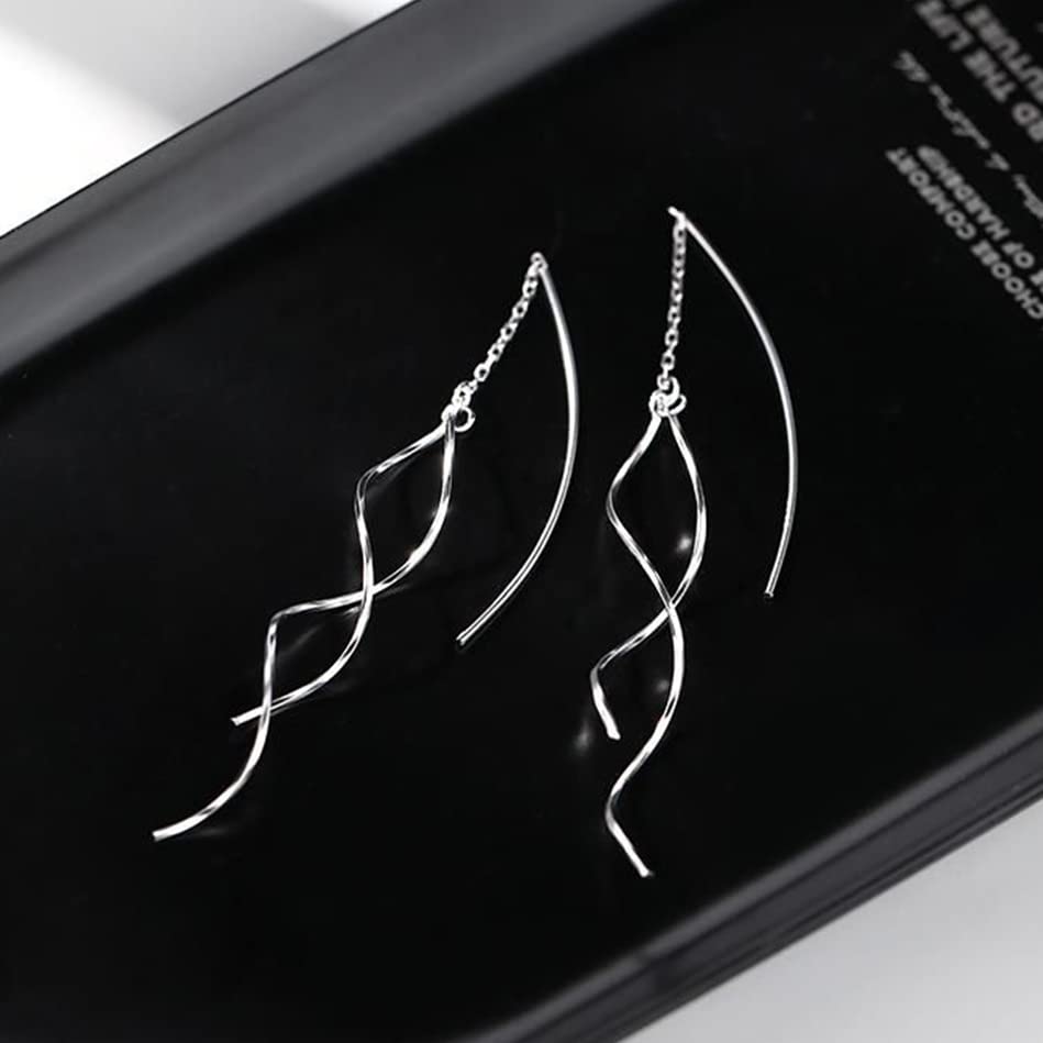 SLUYNZ Sterling Silver Curve Dangle Earrings for Women Teen Girls Wave Dangle Earrings Threader Tassel (A-Silver)