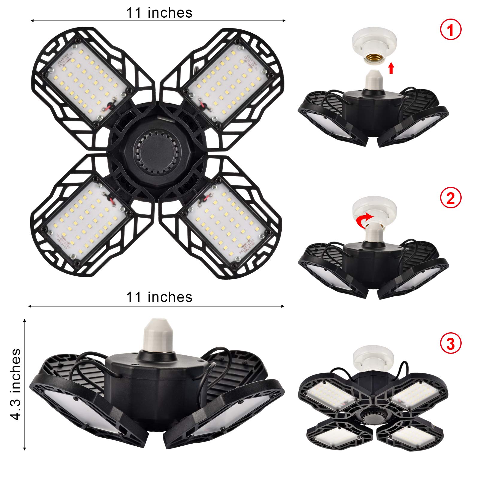NOQ 120W LED Garage Lights Four Leaf Deformable Adjustable E26/E27 12000LM 6000k Daylight 4 Panels Ultra-Bright Lighting