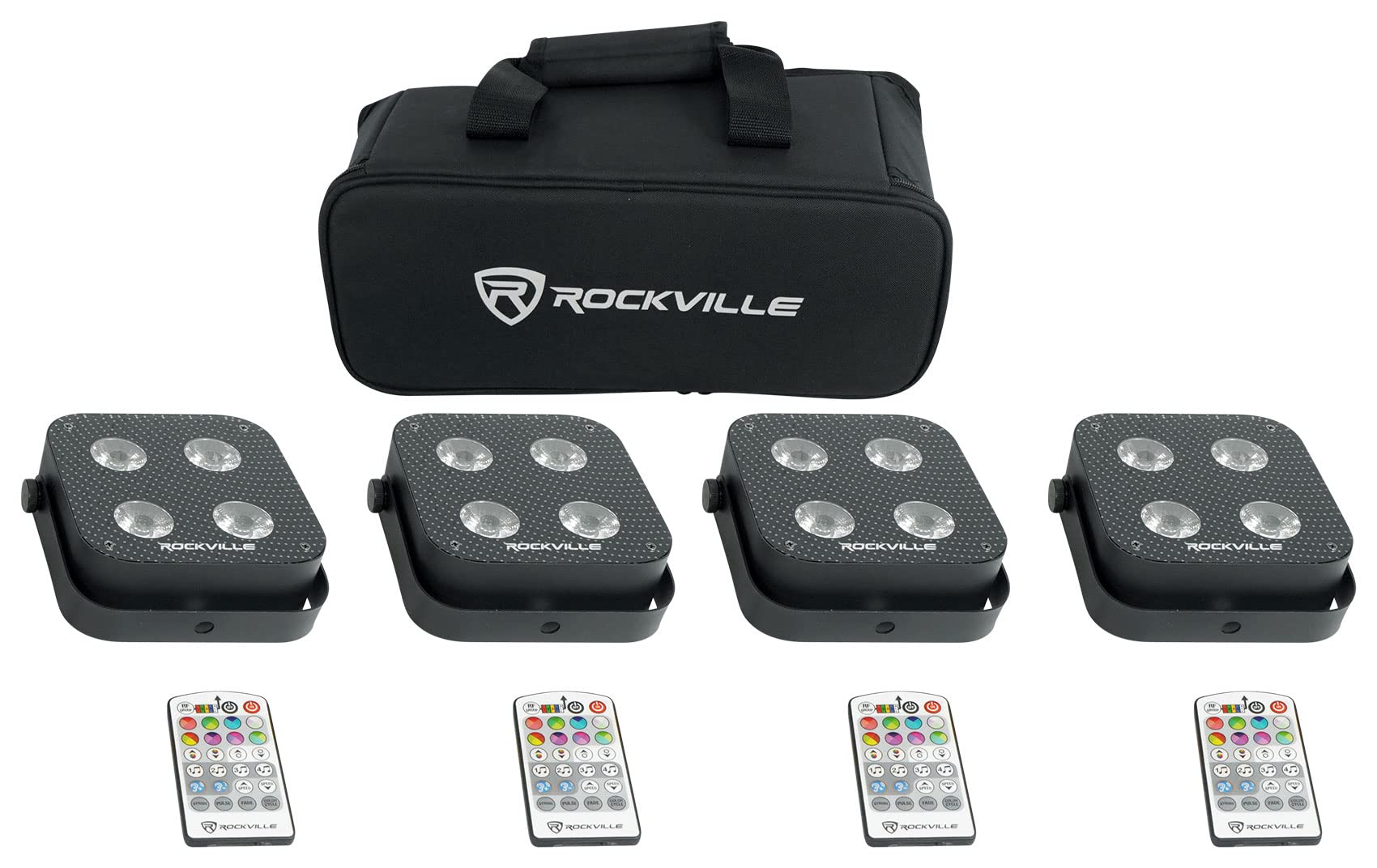 Rockville 4 Pack Mini RF4 Black DJ/Party Wash Up Lights+Bag+RF Remotes+Wireless DMX