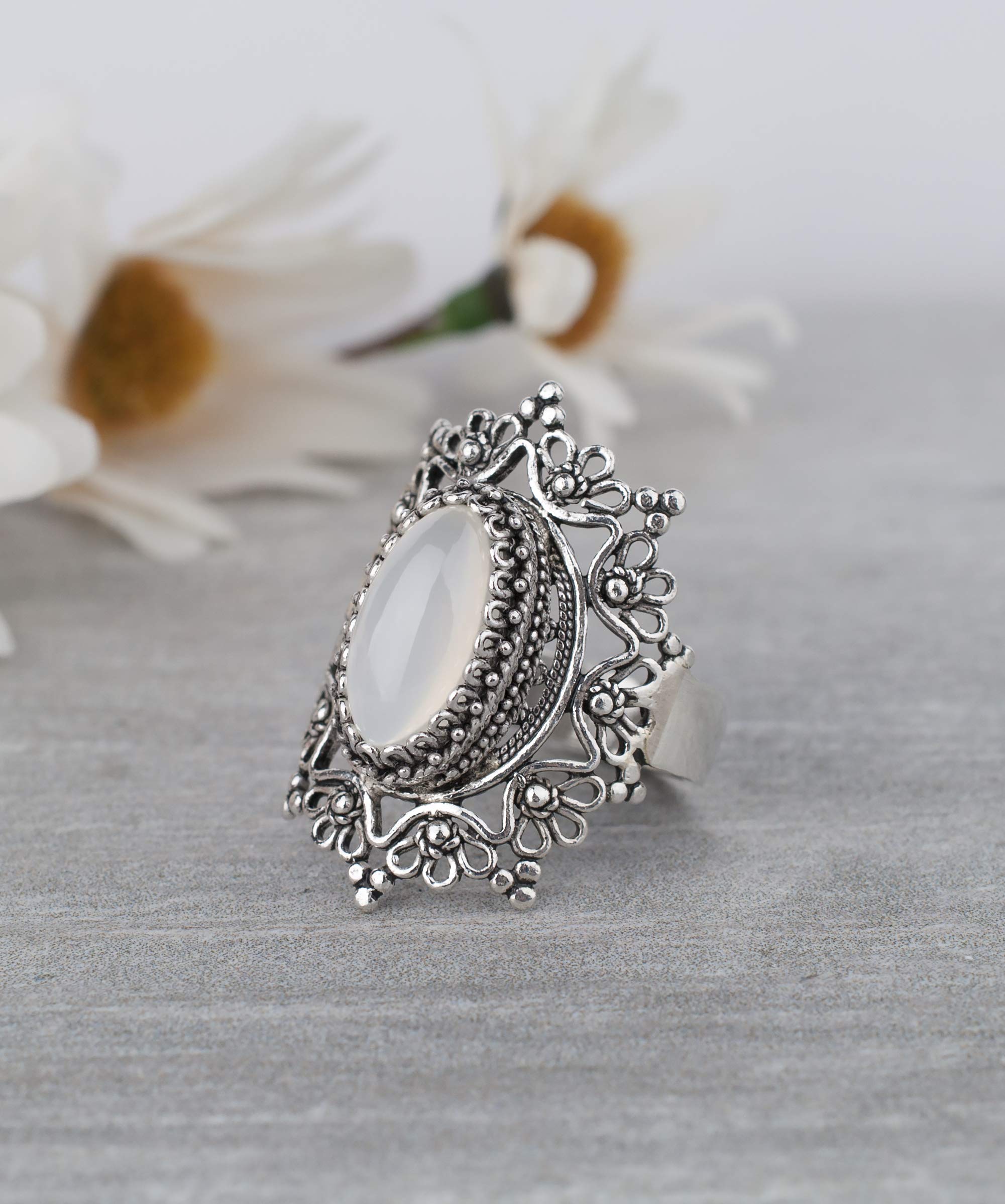 Ottoman Silver Collection 925k Sterling Silver Handmade Artisan Crafted Floral Pattern Filigree Ring with Moonstone Gemstone Unique Design for You, Mom and Your Beloved (10)