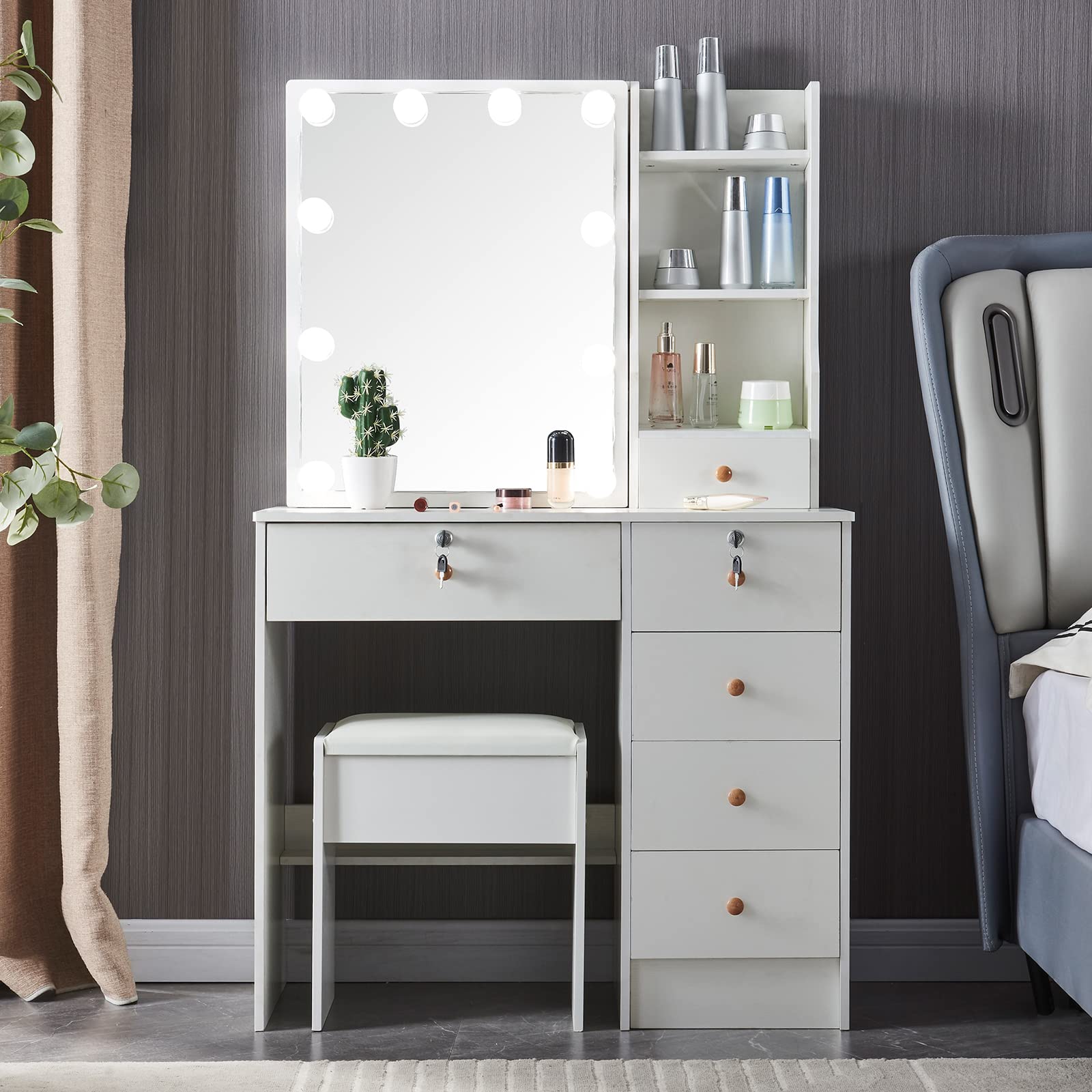 Makeup Vanity Set with LED Bulbs and Sliding Mirror, Vanity Desk with Chair and Drawers, Lots Storage Dressing Table with 3 Color Lighting Modes for Bedroom Dressing room
