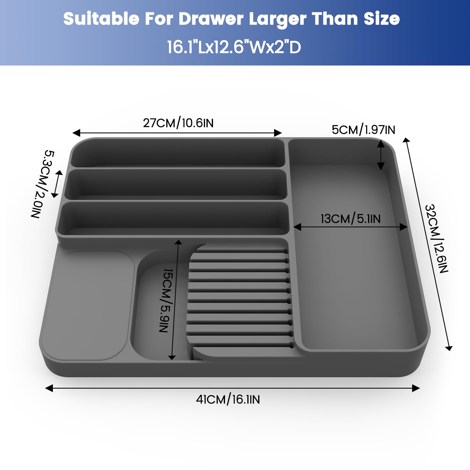 OUTXE Silicone Silverware Drawer Organizer, Non-Slip Utensil Organizer for Kitchen Drawers, Cutlery Tray with Extra Knife Block, 4 Compartments Flatware Organizer for Spoon and Fork, Grey
