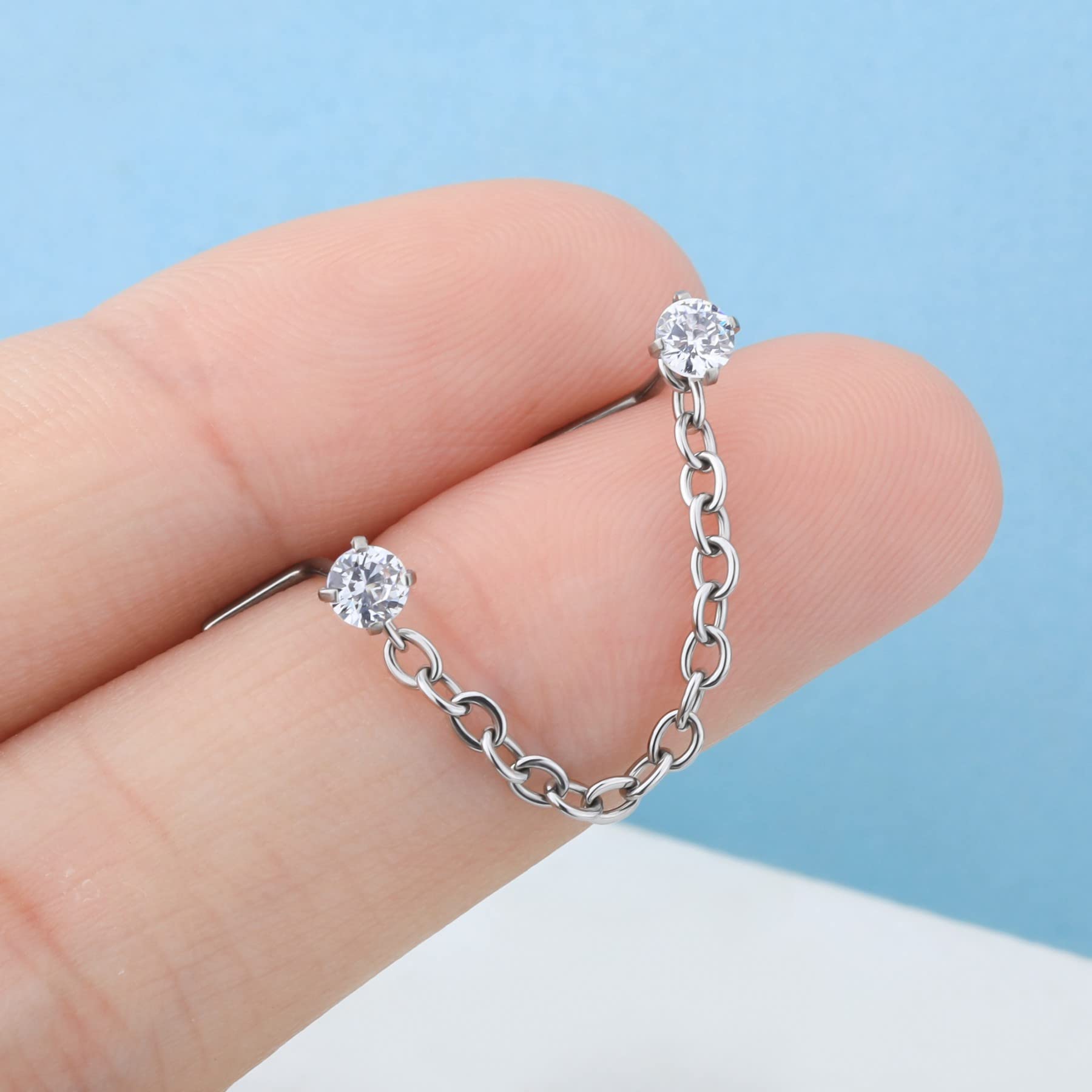 OUFER Solid Titanium Nose Rings, Chain 2PCS 20G Nose Studs, Nostril Clear CZ L Shaped Pack, Nose Piercing Jewelry Women Men