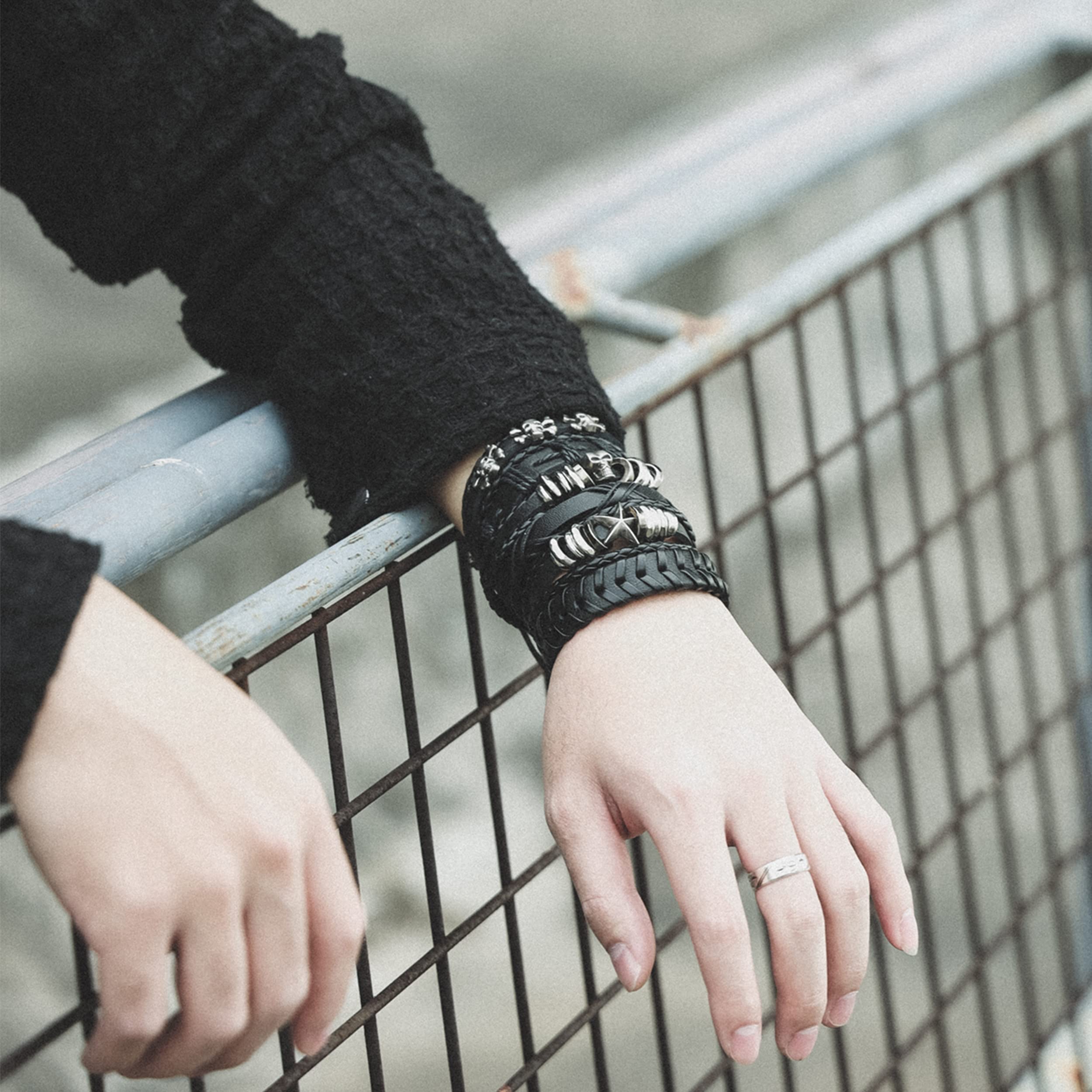 Manfnee6Pcs Braided Leather Bracelet for Men Women Punk Cuff Wrap Bangle Bracelets Adjustable Black