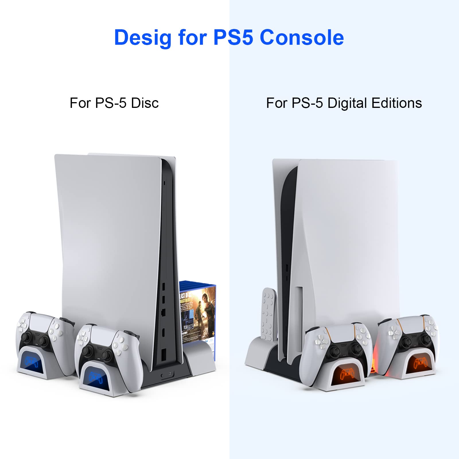 SOULION PS5 Stand with Suction Cooling Fan and Dual Controller Charger Station, Vertical Charging Dock Accessories for PS5 Console, 10 Game Slots and 2 in 1 Cable for PS5 Digital & Disc Edition, White