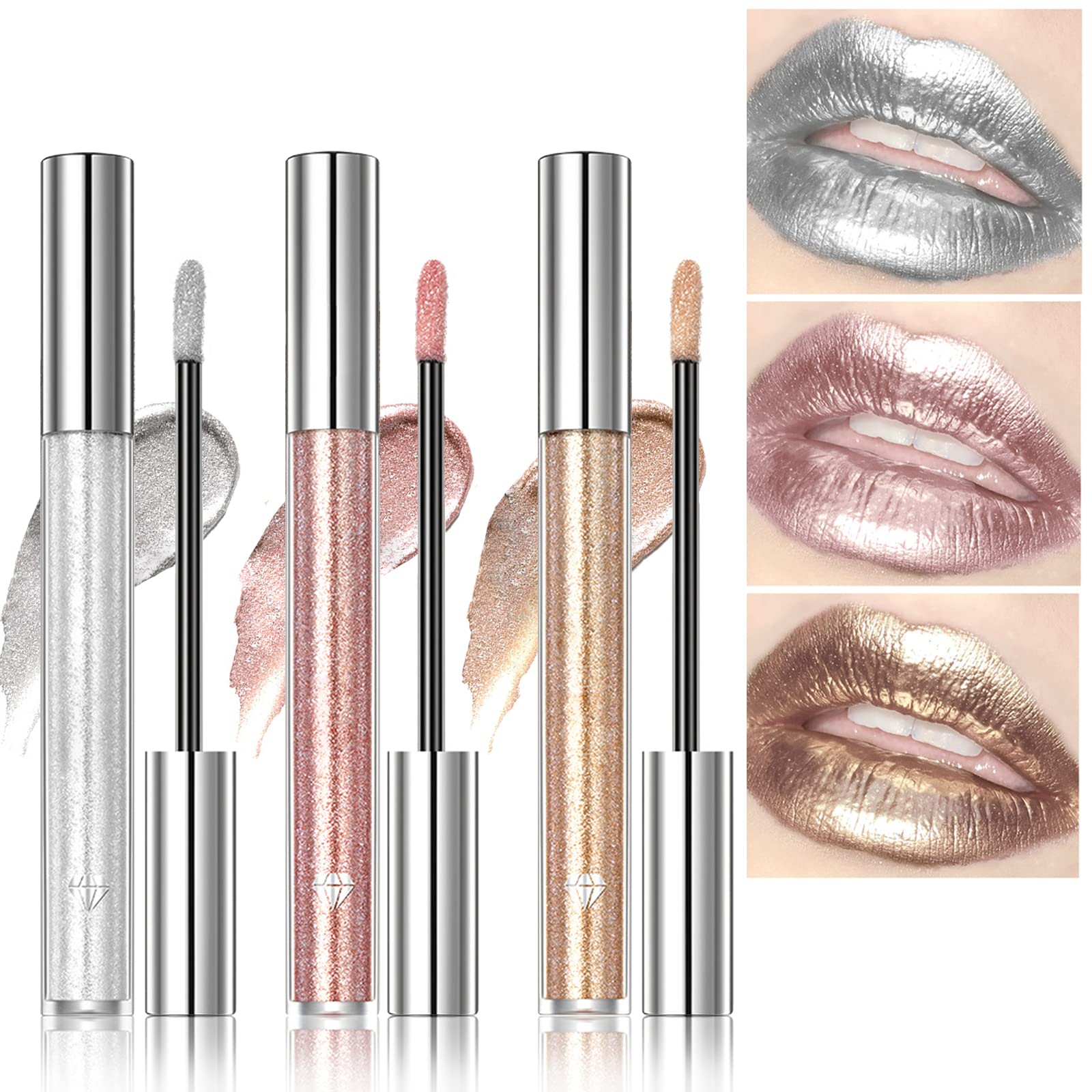 NewBang 3 Colors Metallic All Glitter Liquid Lipstick Set Chameleon Lip Gloss Tint Stain Waterproof Diamond Shimmer Shinning Sparkly Face Eye Glow Moisturizing High Glow Christmas Party Makeup Gift