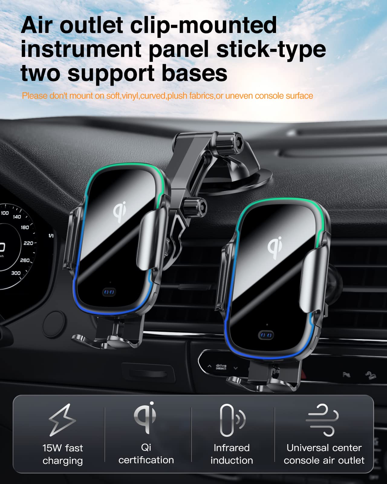 Wireless Car Charger, 15W Qi Fast Wireless Charging Auto Clamping Phone Mount Windshield Dashboard Air Vent Phone Holder for iPhone 13/12/11/X/8 Series Samsung S20/S10/S9/S8/Note 10/Note 9/Note 8
