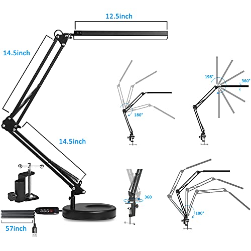 SKYLEO LED Desk Lamp with Clip and Base - Eye Protection Desk Lamps for Home Office - Swing Arm Study Lamp - 3 Light Modes x 10 Brightness Levels - USB Port - 5V/2A Adapter - Black