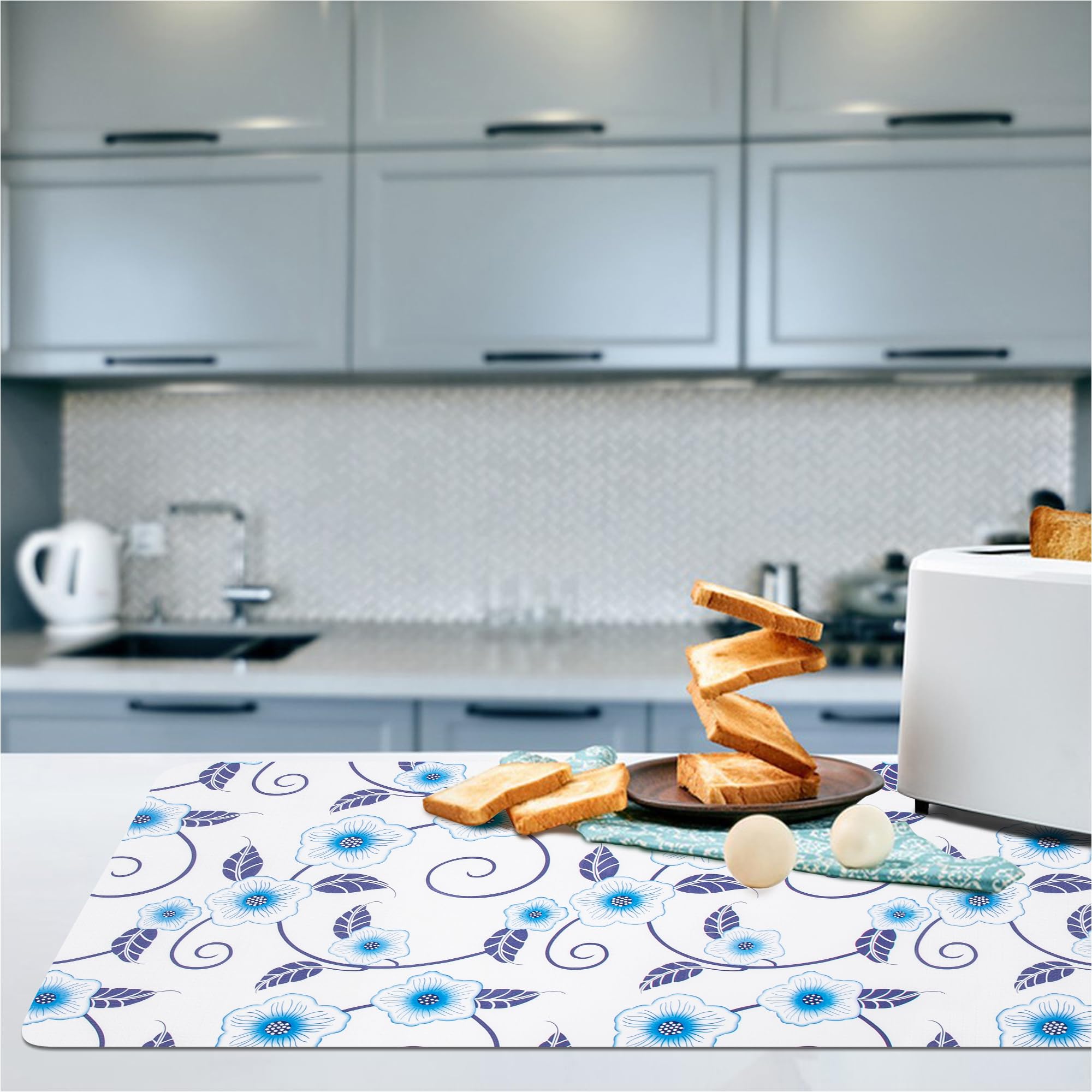 RAY STAR 18X96 Inch Shelf Liner for Kitchen Cabinets, Non-Adhesive Cabinet Liner Washable, PVC Drawer Liner for Dresser Non-Slip Bathroom (Blue Floral)(1 Roll)