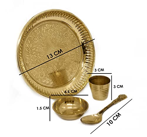 Satvik Brass 4 Pc Bhog Thali Set for Laddu Gopal Brass Bhog Thali with Glass, Bhog Bowl and Pooja Spoon for Home and Temple Kanha Ji Bhog Plate Set (Medium)