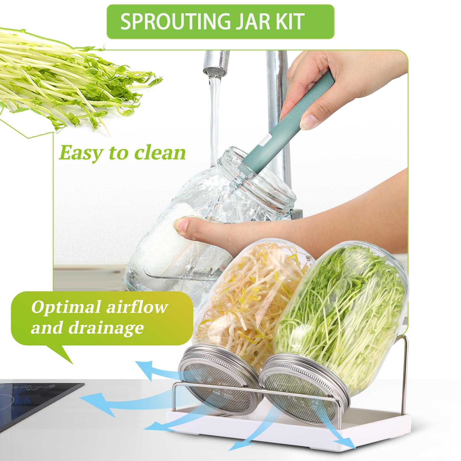 Sprouting Jar Kit 2Pcs Large Wide Mouth Mason Jars With Screen Sprout Lid,Sprouting Jar Stand,Tray,Blackout Sleeves,Brush-Seed Sprouting Kit For Growing Mung beans,Broccoli And So On