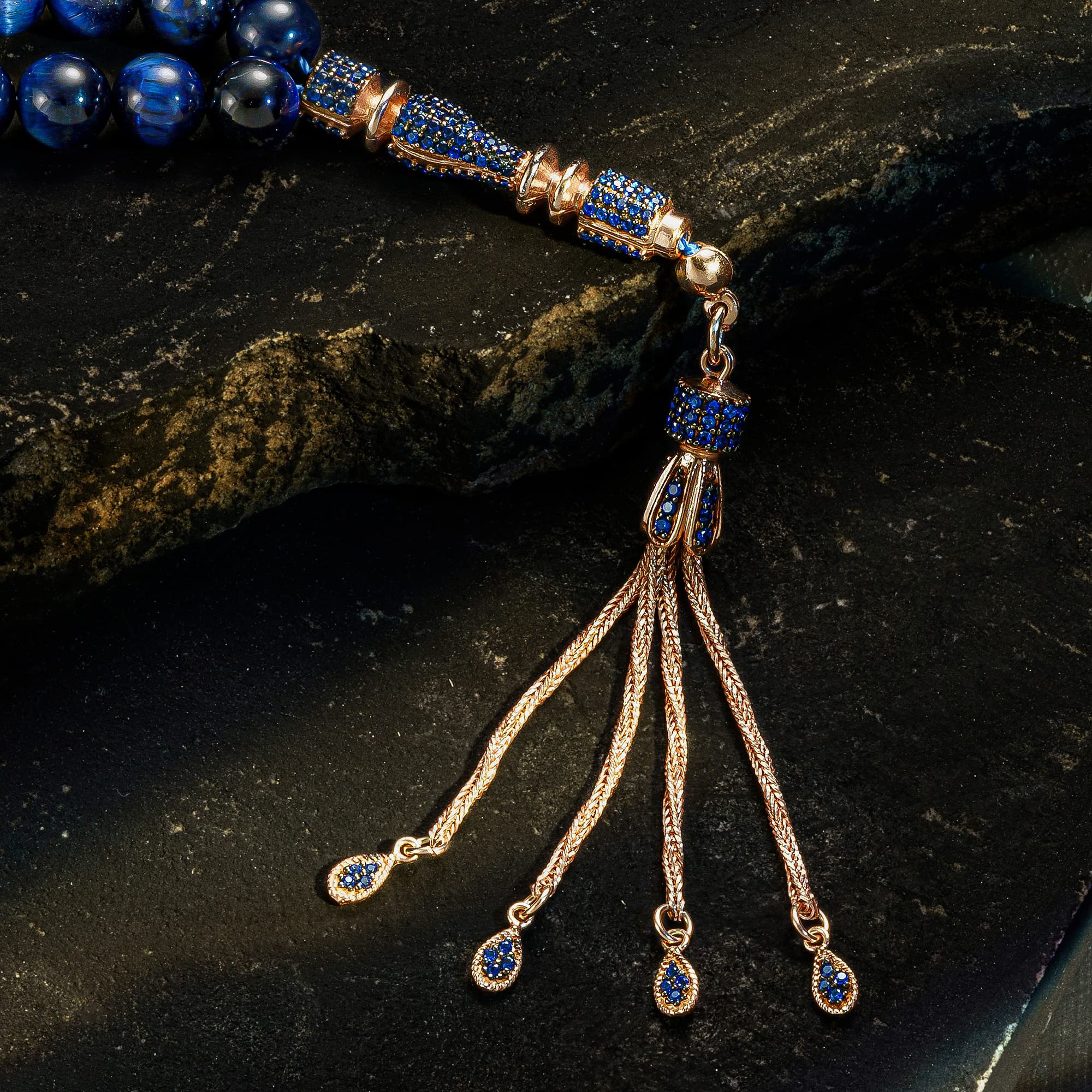 Solid 925 Sterling Silver Tassel Blue Tiger's Eye Stones Islamic 33 Prayer Beads Tasbeeh Misbaha