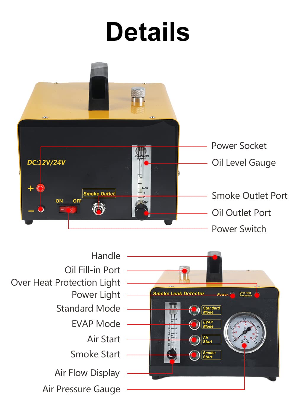 QPKING EVAP Smoke Fuel Leakage Tester 4 in 1 Car Conduit Pipe System Leak Detection Tools, Car Fuel Leak Detector for 12V/24V Vehicles Boats with Adjustable FlowMeter Leak Detector