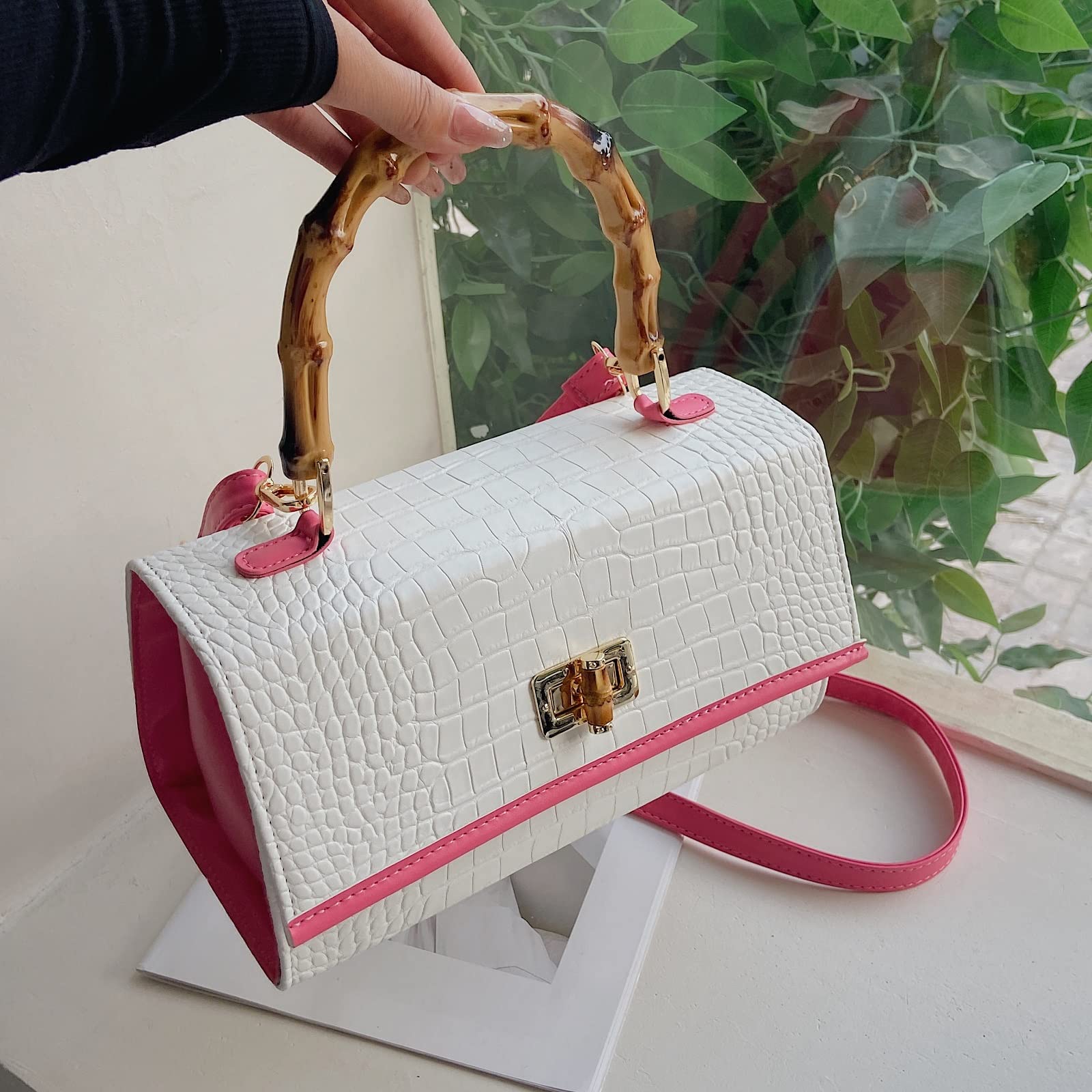 seropian Women's Small Leather Rectangular Handbag Crossbody Purse Handbag Shoulder Bag Handle Satchel Purse Boho Shoulder Bag (pink)