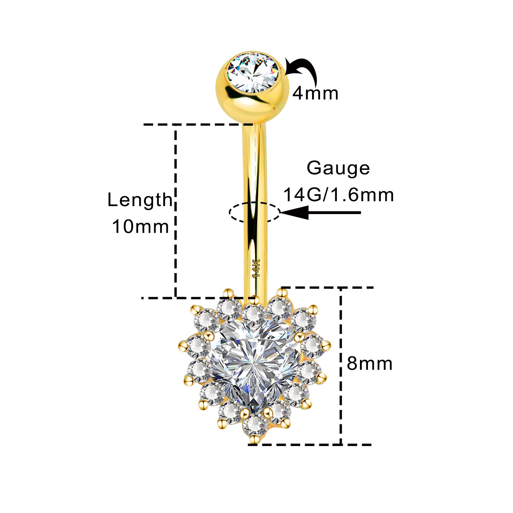OUFER 14K Solid Gold Heart Belly Button Piercing Small Sun Flower Navel Button Ring Clear 5A Cubic Zirconia Design Belly Rings Piercing Jewelry