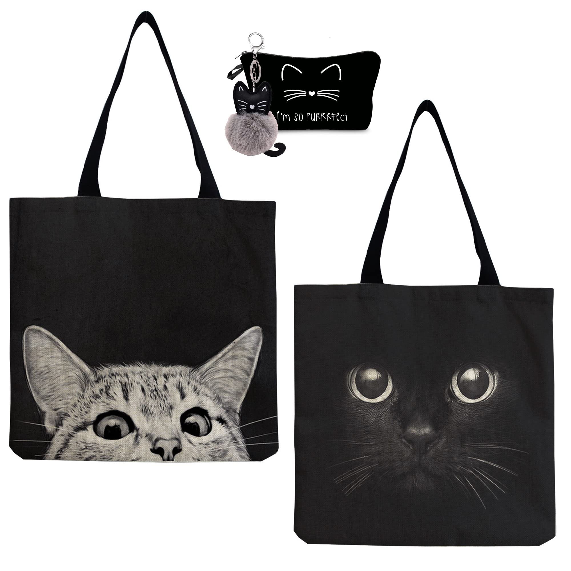 MyKazoe Canvas Reusable Tote Bag Bag for Cat Lovers Value Set with Storage Bag (#2 Mischievous)