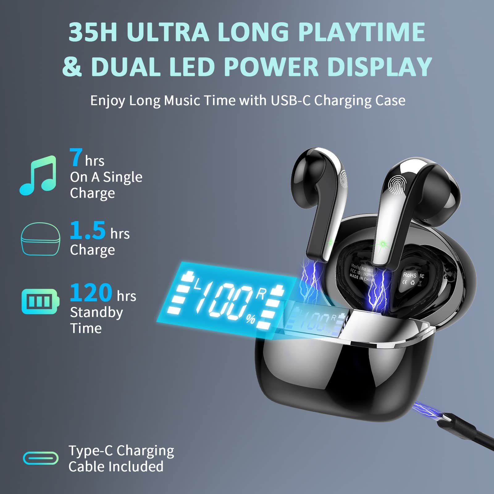 Wireless Earbud, Bluetooth 5.2 Headphones Mini Bluetooth Earbud with HD Mic, 35H Deep Bass Wireless Earphones in Ear Noise Cancelling Ear Buds with LED Display, IP7 Waterproof/Touch Control[2022 New]