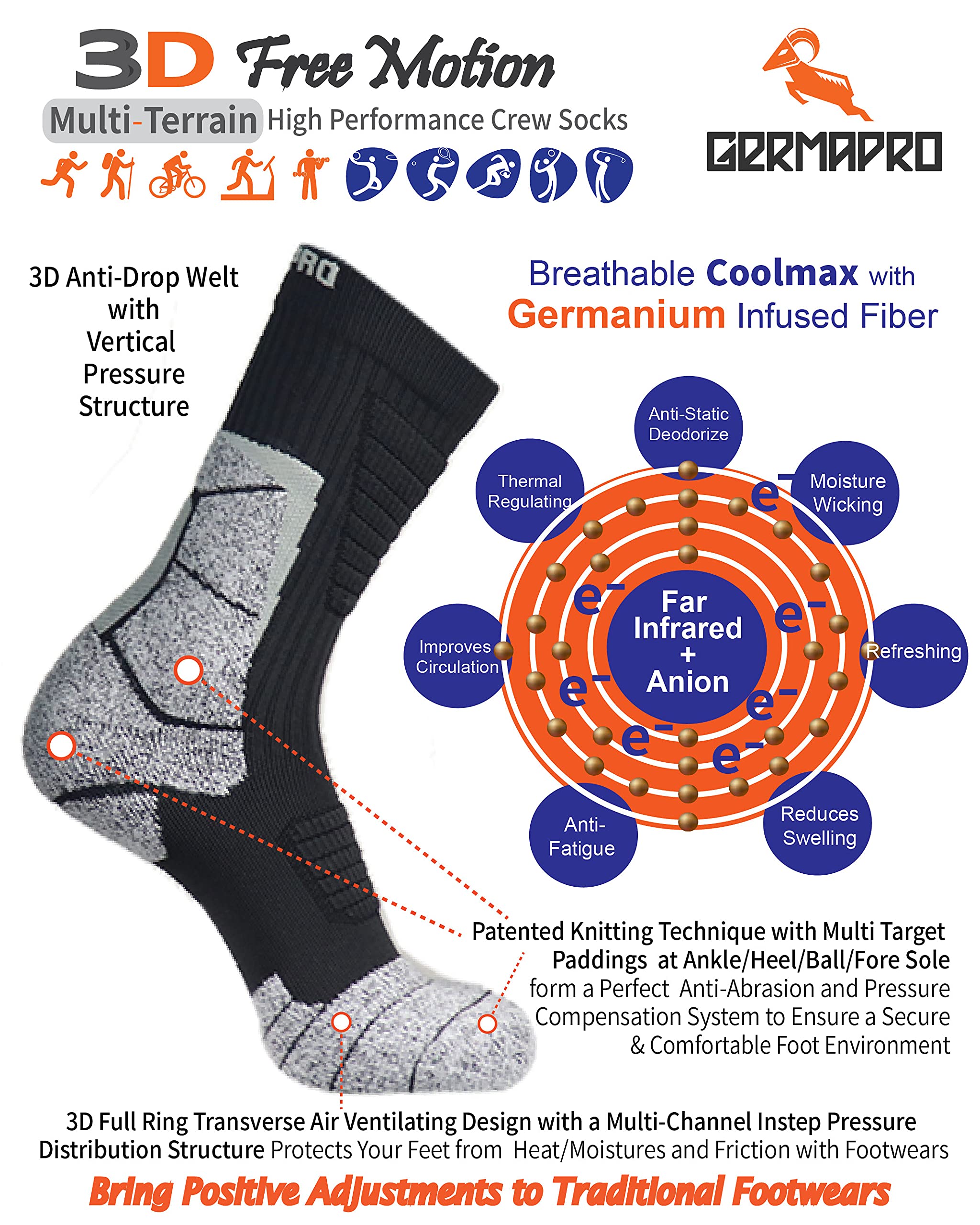 Men's Breathable Hiking Work Boot Socks w/Anti-Stress Moisture Wicking Germanium & Coolmax Fiber Lite-Compression 1/2 pr (X-Large, 2 Dark Grey Pack)
