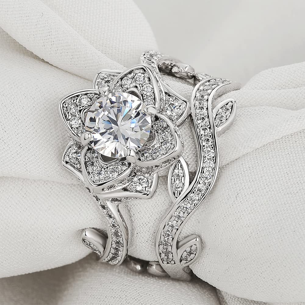 Newshe Flower Wedding Rings for Women Engagement Ring 925 Sterling Silver Round White Cz Size 9.5