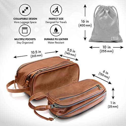 QS Toiletry Bag for Men or Women - Dopp Kit For Travel. Large Cosmetic and Bathroom Shaving Bag. Toiletry Organizer PU Leather USA (Medium, Brown)