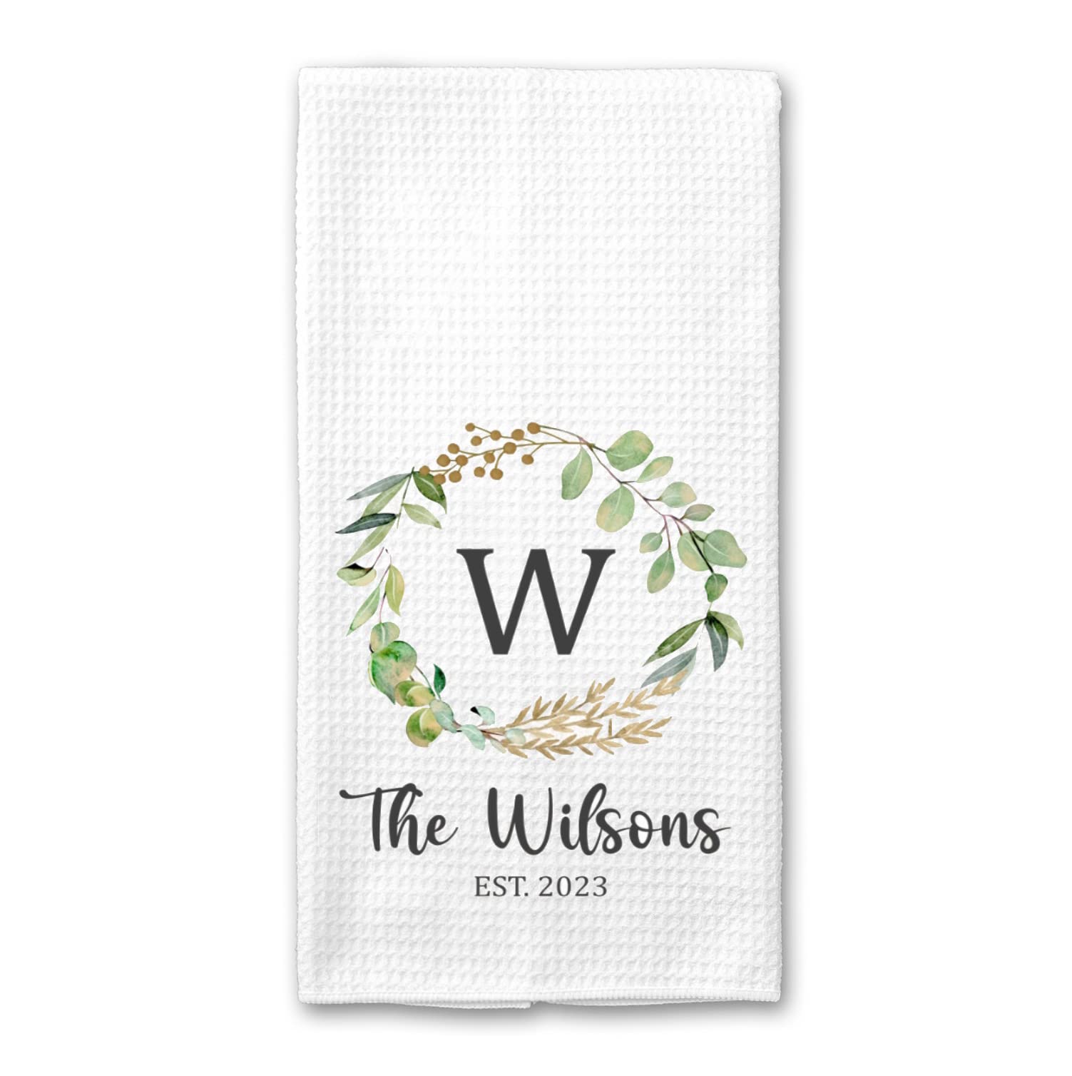 Personalized Wreath Monogram Tea Towel, Waffle Weave Tea Towel, Housewarming Gift, Farmhouse Decor, Wedding Gift