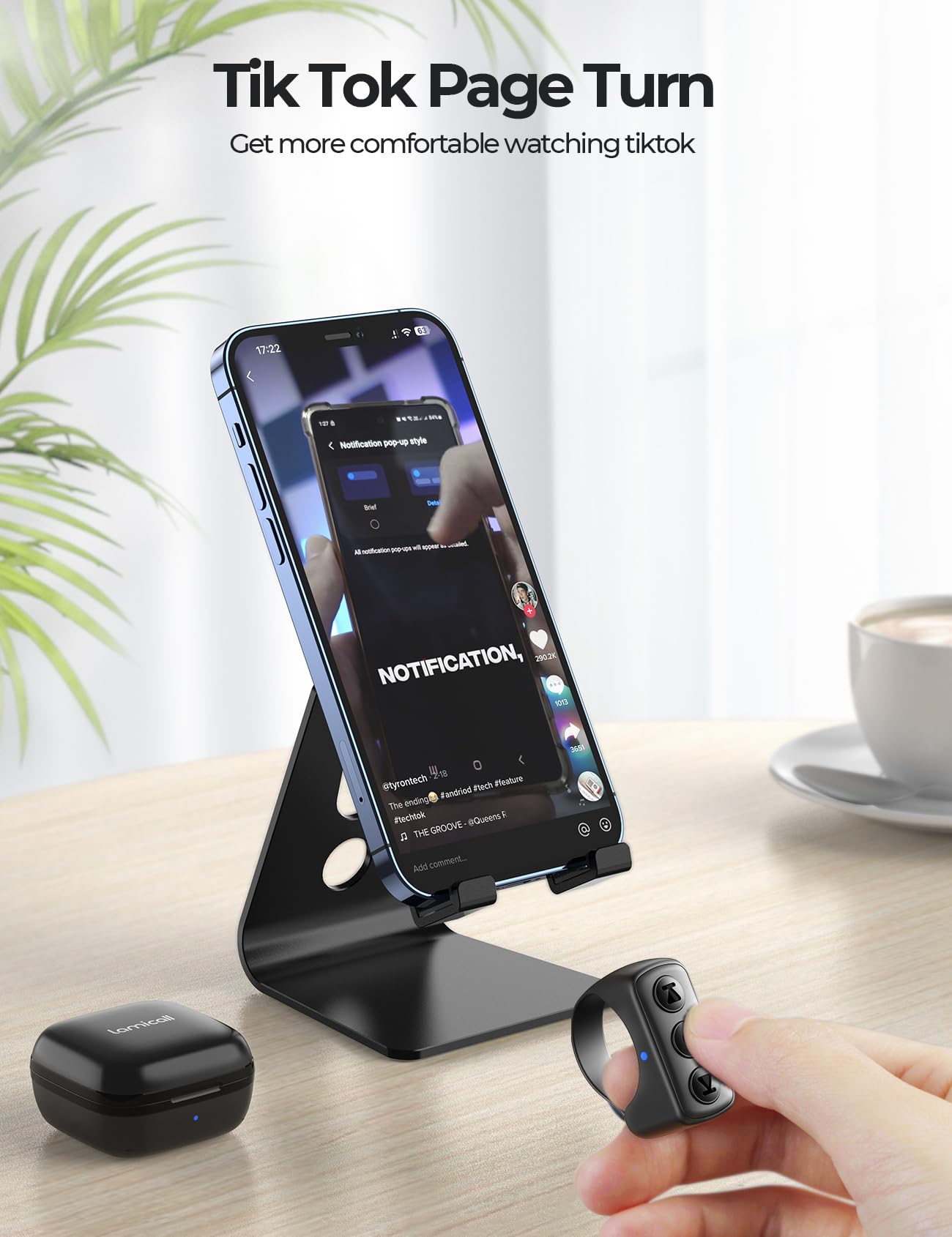 Phone Remote Control for TikTok - Lamicall Cell Phone Camera Bluetooth Controller for Video Recording, Kindle App Page Turner, TIK Tok Scrolling Ring Remote, for iPhone, iPad, iOS, Android, Black