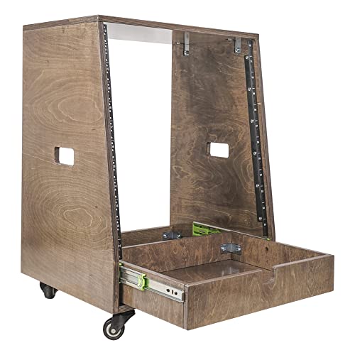 Sound Town 12U DIY Solid Baltic Birch Plywood Slanted Studio Rack with 12U Rack Space, Extra 2U Drawer, Rubber Feet, Casters, Weathered Brown (SDRK-12TBD2)