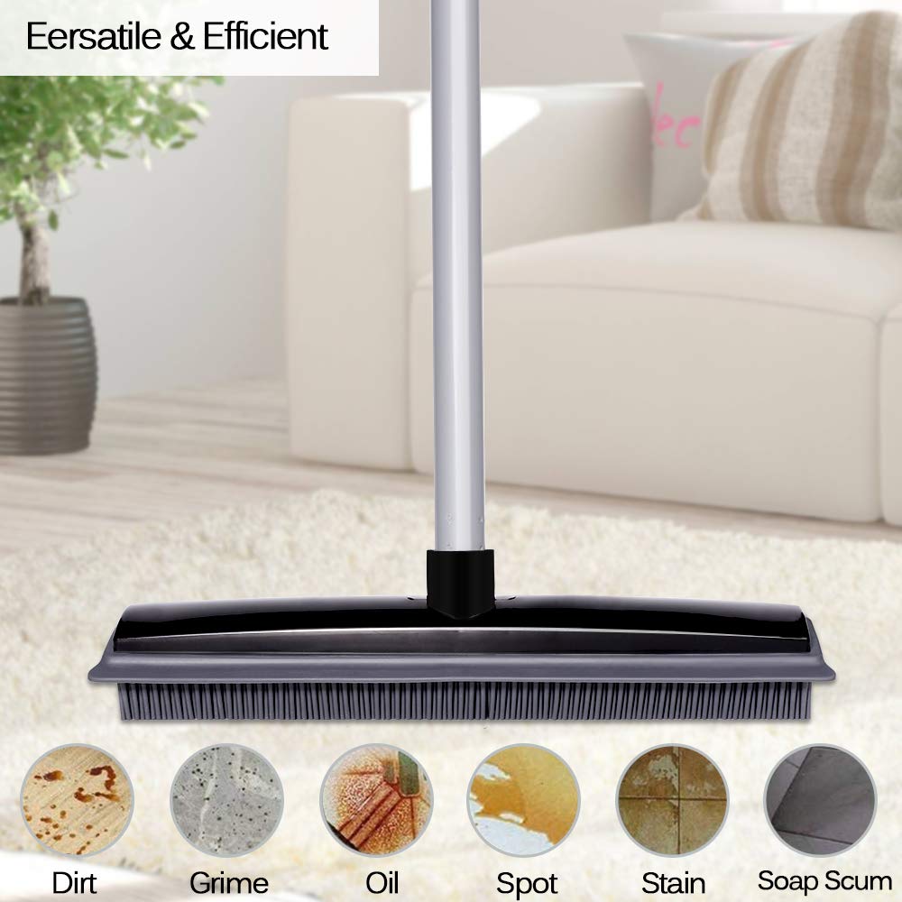 Pet Hair Remover Rubber Broom with Squeegee Edge 59 inches Adjustable Carpet Rake Long Handle Push Broom for Hair Pet Dog Carpet Hardwood Floor Tile Windows Cleaning