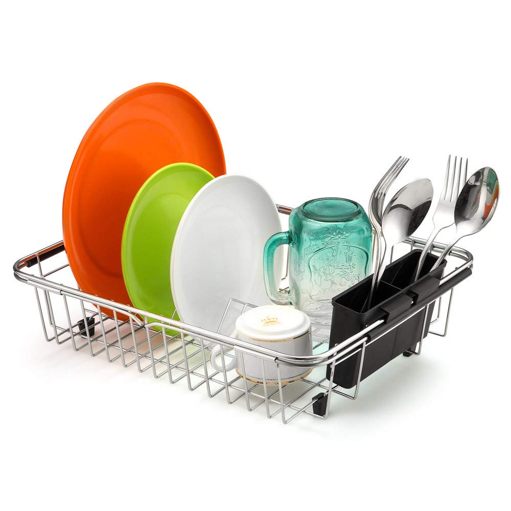 SANNO Expandable Dish Drying Rack Over The Sink Dish Drainer Kitchen Sink Grate Sink Protector for Kitchen Sink, Stainless Steel