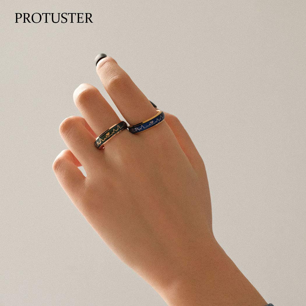 PROTUSTER Statement Rings for Lovers Emotional Change Color Temperature Mood Color Changing Stackable Gold Round Ring Feeling Heartbeat ECG Rings for Women and Men (Rose Gold&Gold, 7)