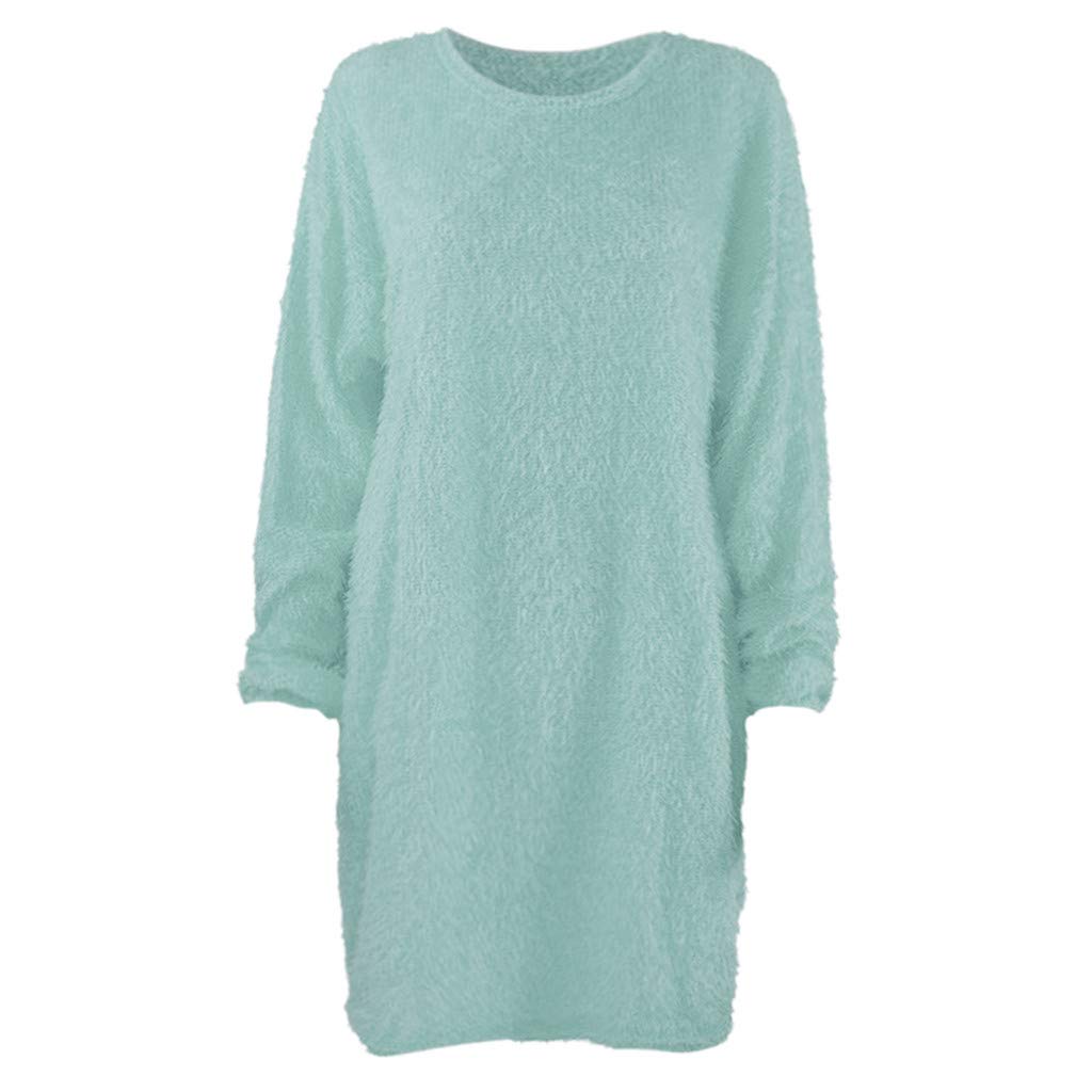Solid Round Neck Dress for Women Plush Sweater Long Sleeve Dress Shift Loose Sweatshirt Dress Sky Blue