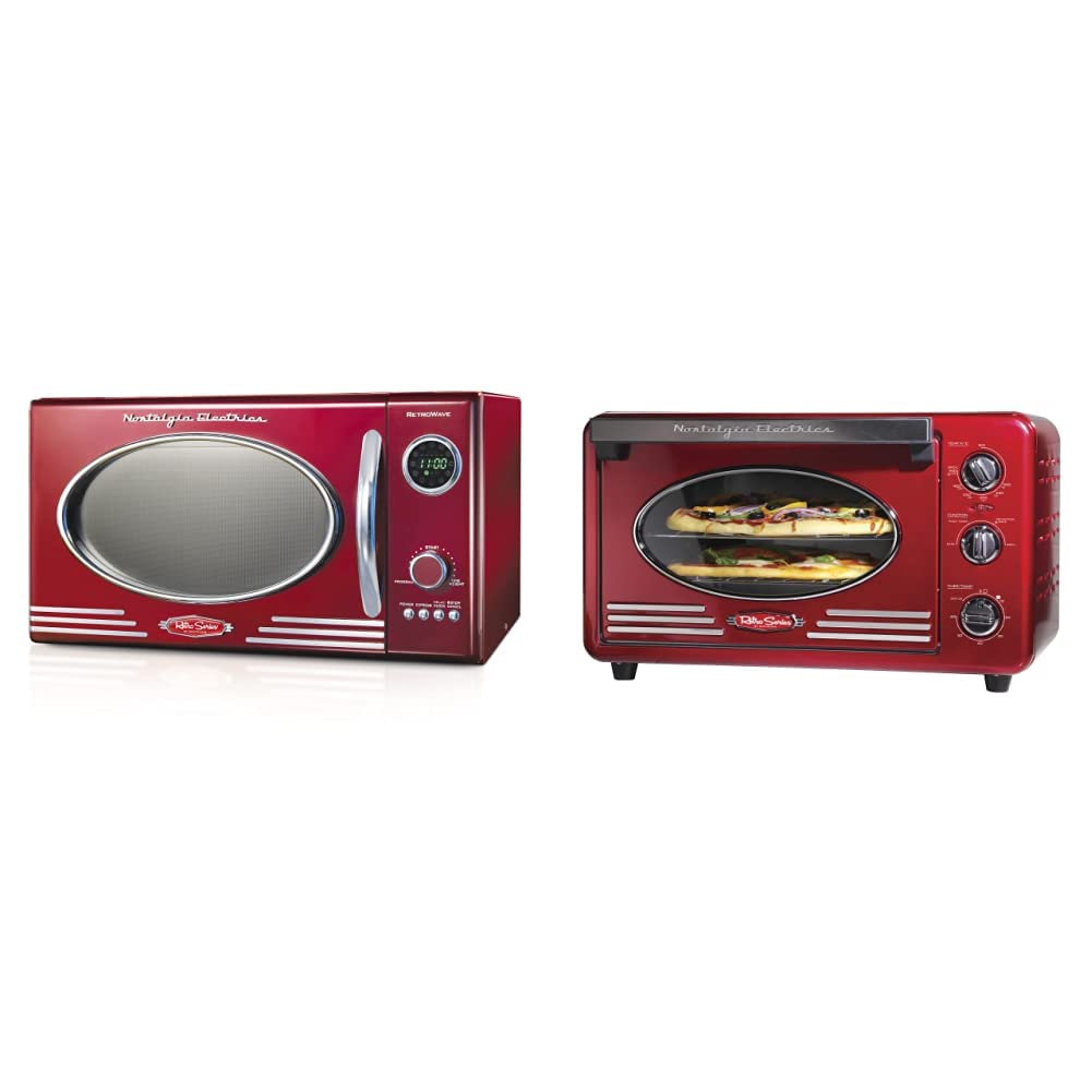 Nostalgia Retro Countertop Microwave Oven, 0.9 Cu. Ft. 800-Watts with LED Digital Display, Child Lock, Easy Clean Interior, Red & RTOV2RR Multi-Functioning Retro Convection Toaster Oven,Metallic Red