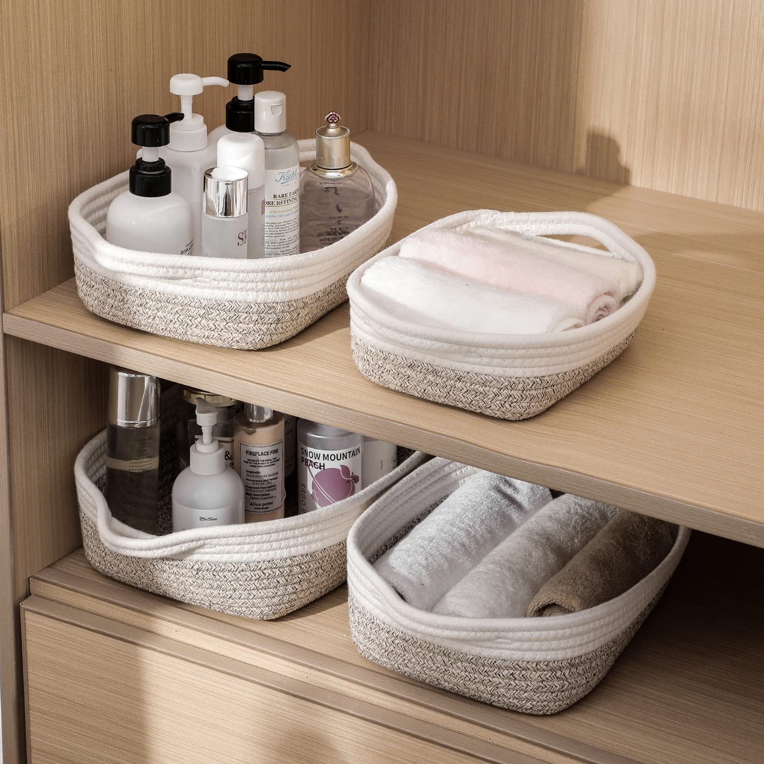 YONOVO 5 Pack Rectangle Storage Basket Set, Woven Cotton Rope Shelf Storage Basket with Leather Handles, Home Organizing laundry Bins Baby Nursery, Toy Baskets, Cat Toy Box, Bathroom