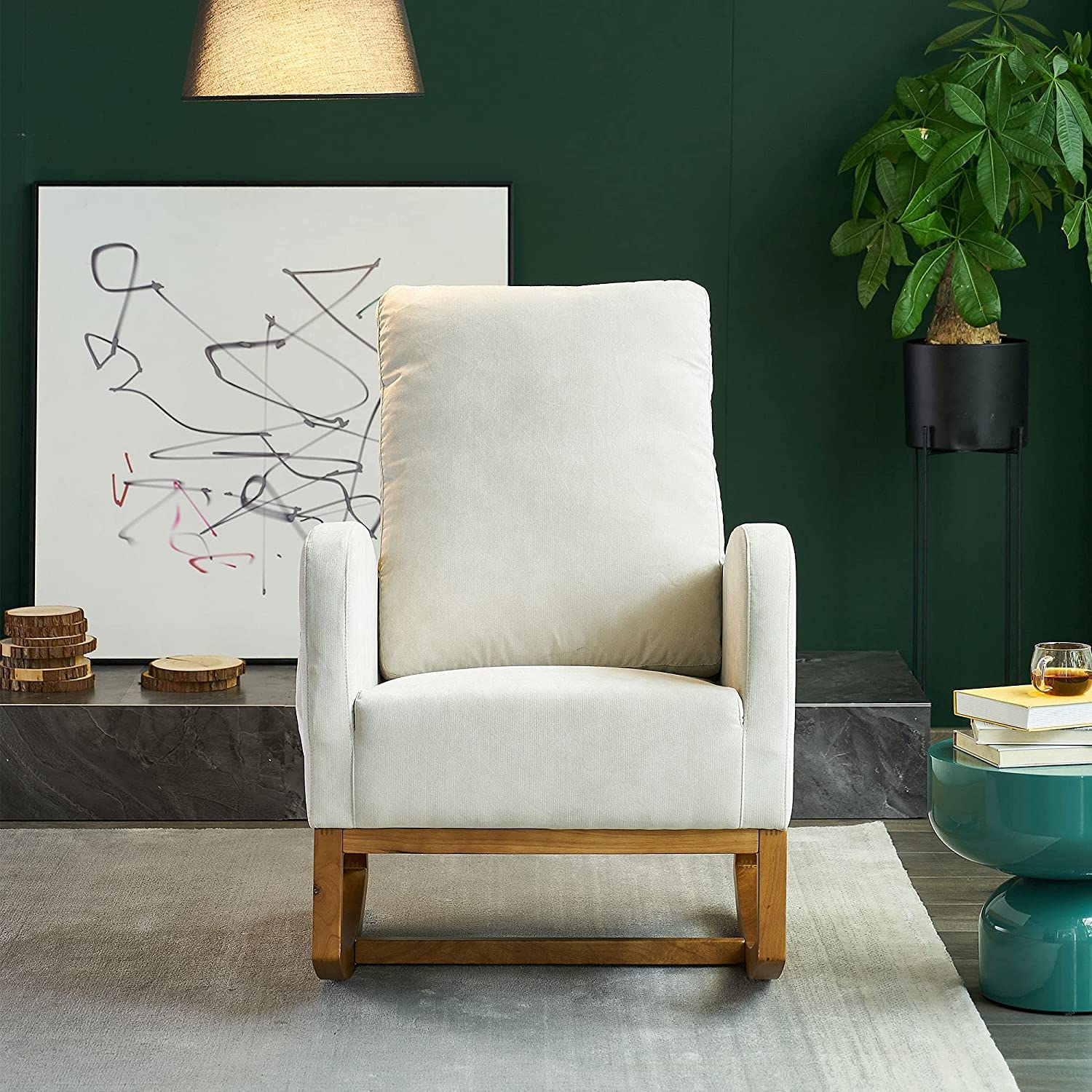 Pannow Upholstered Rocking Chair Mid-Century, Modern Nursery Rocking Armchair, Upholstered Tall Back Accent Glider Rocker with 2-Side Pocket for Bedroom Living Room Lounge