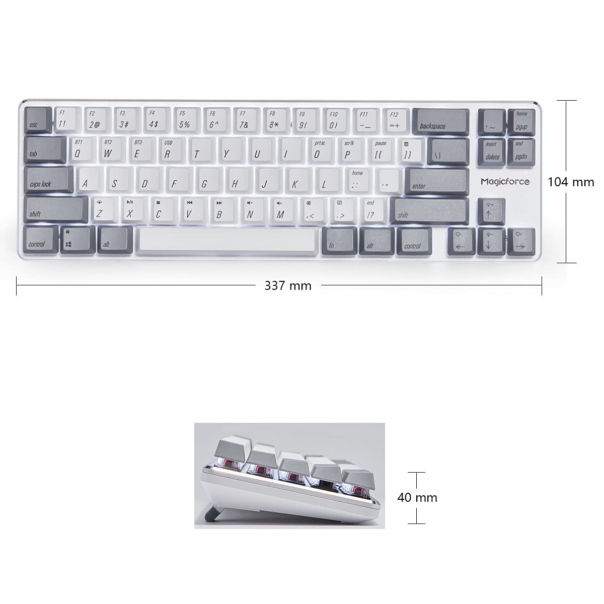 Qisan Mechanical Gaming Keyboard Gateron Red Switch Wired/Wireless Bluetooth Keyboard 68-Keys Mini Portable Design(60%) PBT Keycaps White/Gray Color for Gaming/Office Magicforce