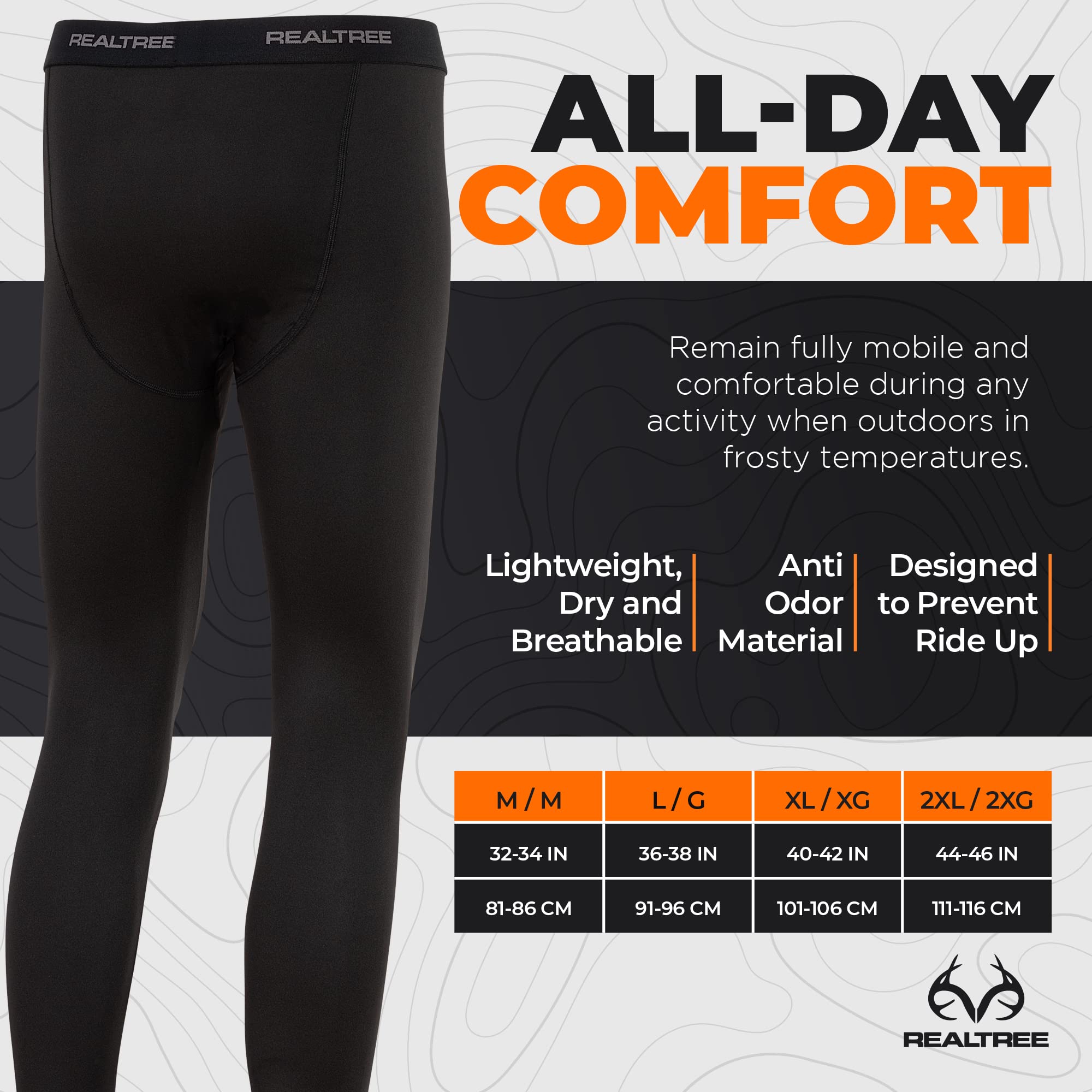 Realtree Mens Thermal Underwear for Men Long Johns Bottom Tights Hunting Gear-Warm Base Layer Leggings Under Pants for Winter (US, Alpha, Medium, Regular, Regular, Black)
