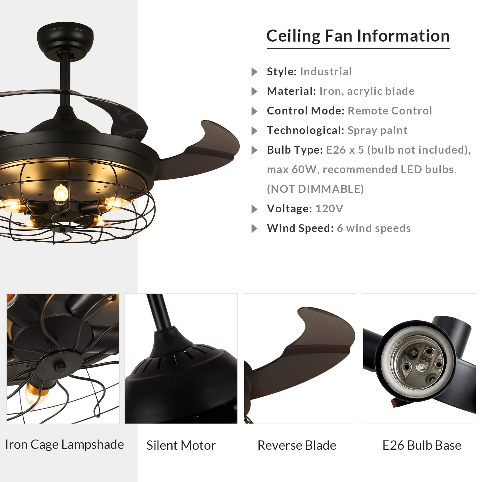 NOXARTE 36 Inch Industrial Ceiling Fan with Lights Remote Control Black Caged Chandelier Reverse Retractable Blades for Living Room Kitchen Island