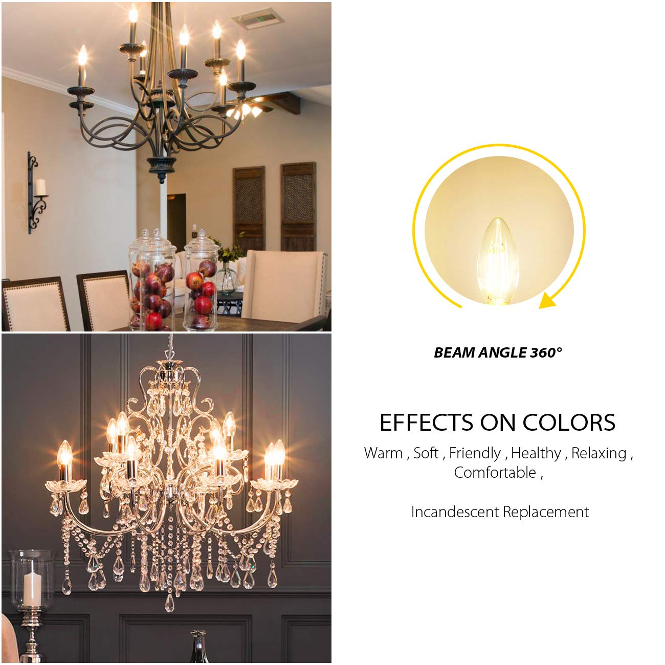 LVWIT B11 LED Edison Filament Bulb Dimmable 60W Equivalent, E12 Candelabra Base 2700K Warm White Candle Light Bulb, UL-Listed (6 Pack)