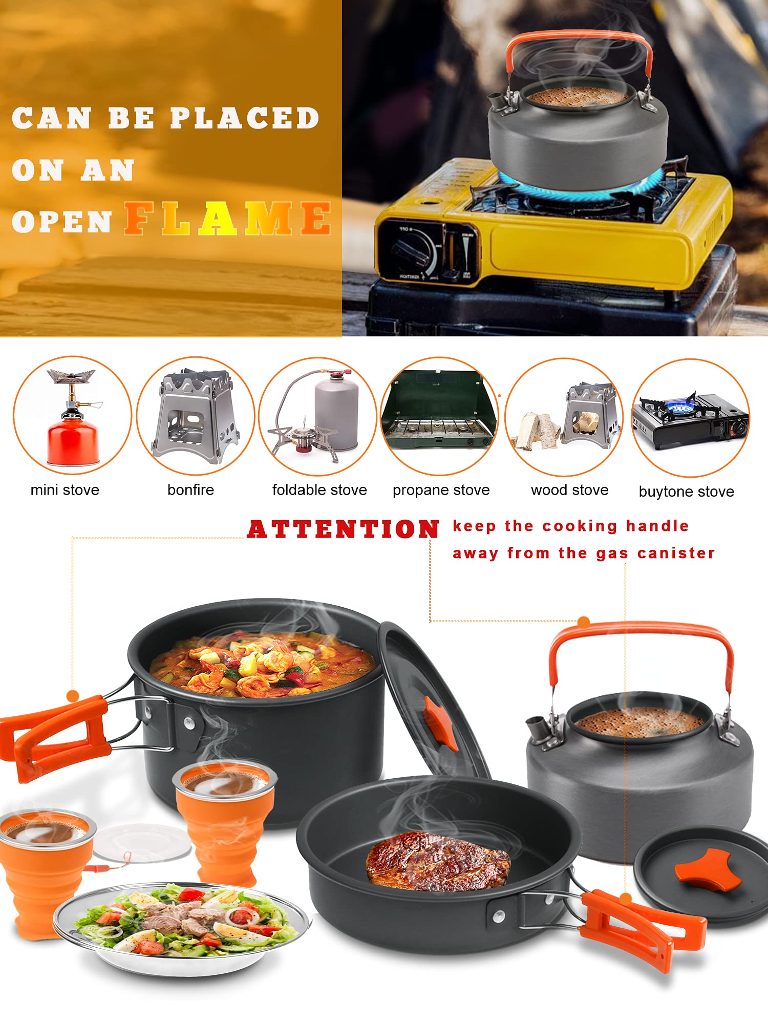 Outdoor Ultralight Camping Cookware Mess Kit with 1.1L Kettle, Pot, Pan, 2 Plates, 2 Foldable Cups, 2 Fork Spoon Kits, Chopping Board, Camping Cooking Set for Outdoor Backpacking Hiking Picnic Fishing