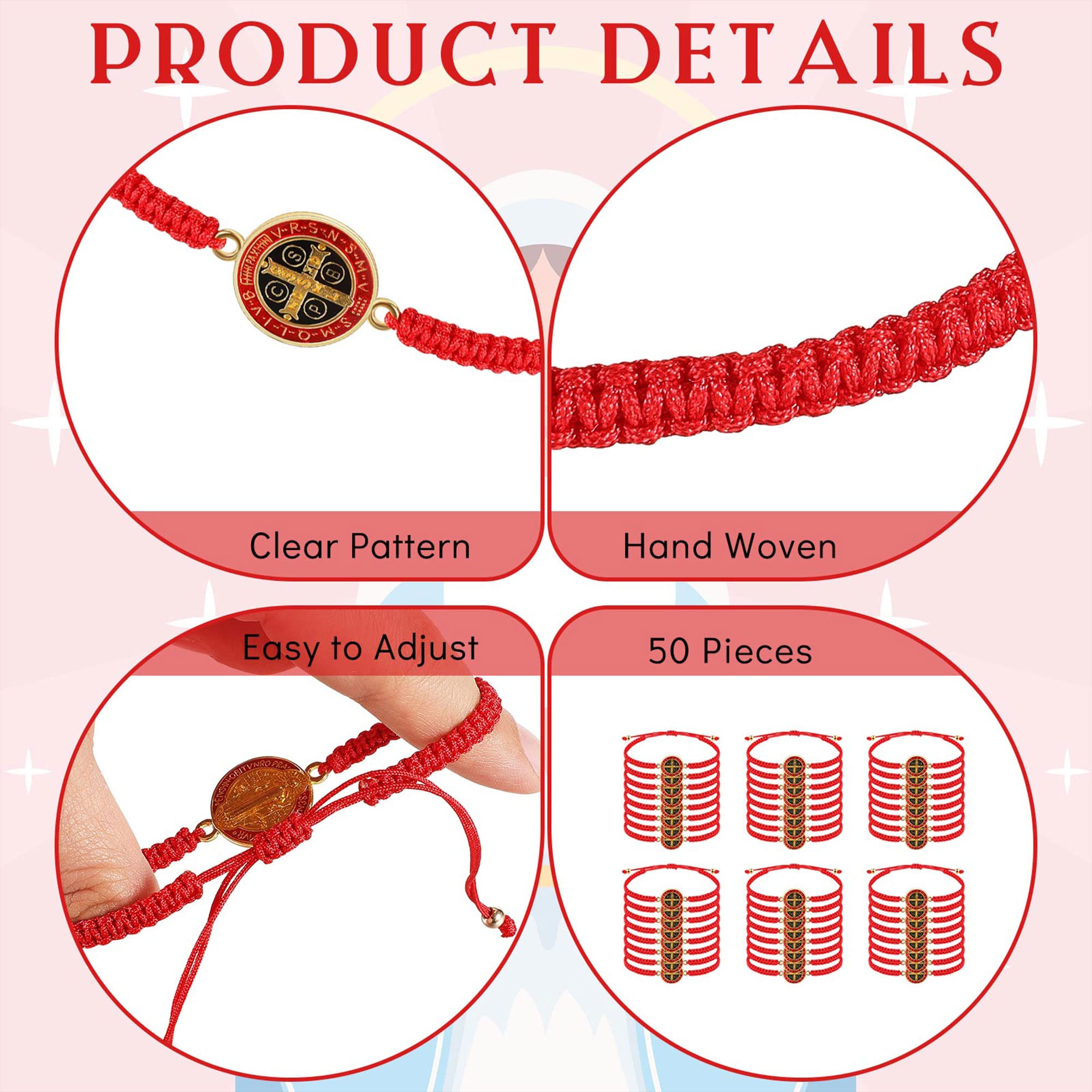 Taiyin 50 Pcs Saint Benedict Virgin Mary Saint Jude Bracelet Catholic String Bracelets Rosary Bracelet for Women Bead Bracelets
