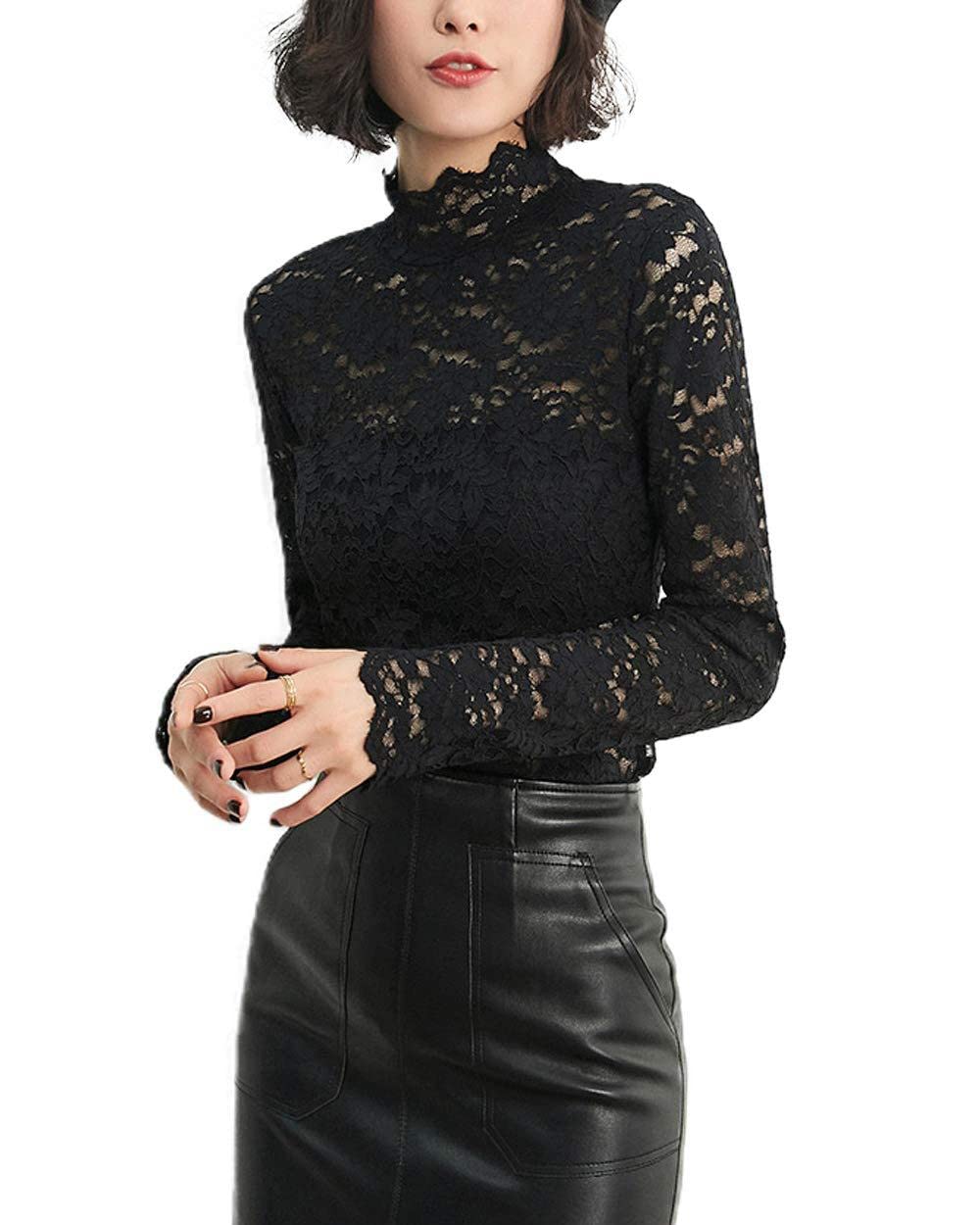 QiuDumo Lace Undershirt Long Sleeve T-Shirt Basic Layer Tee Slimming Top Black XL