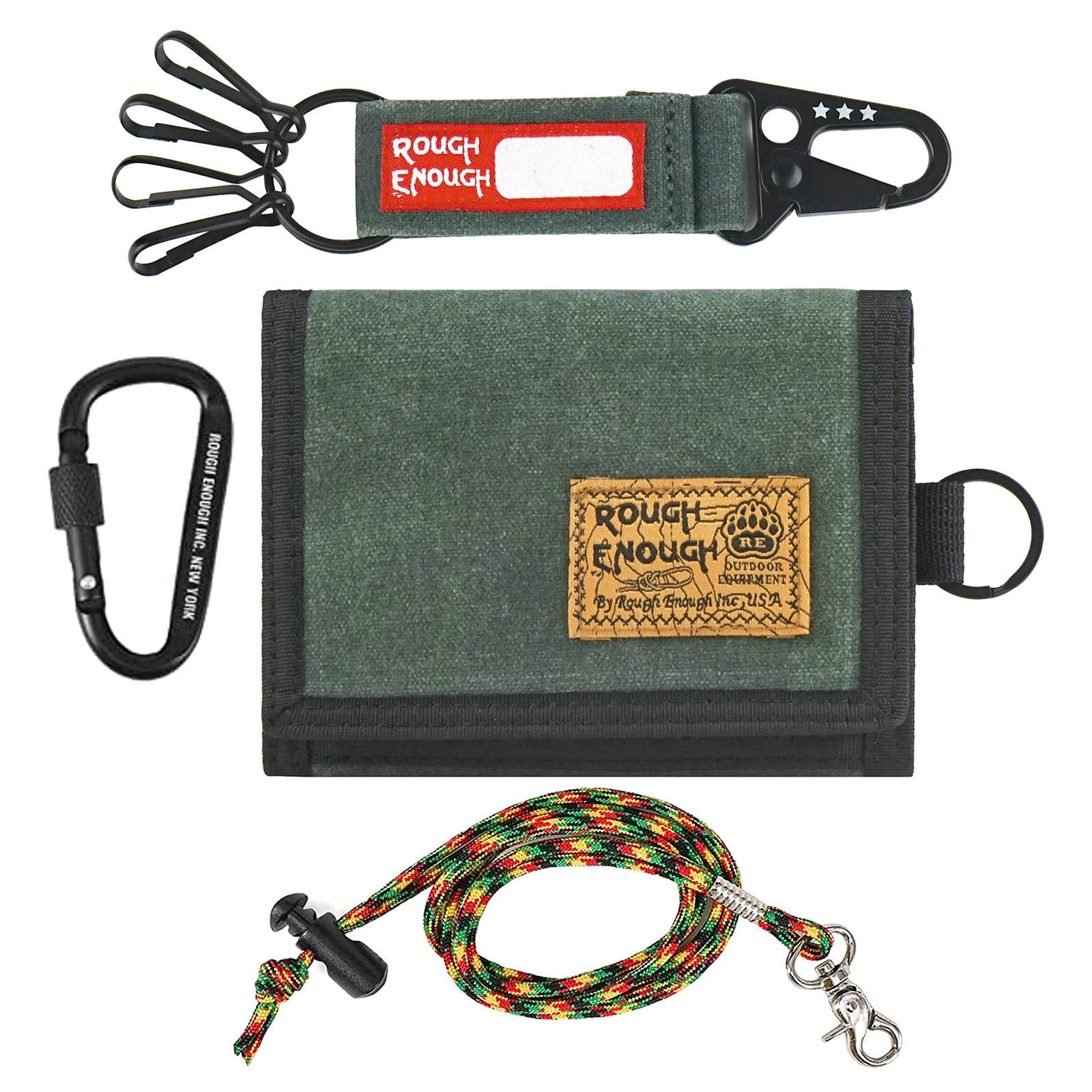 Rough Enough Boys Wallet for Teen Boys Kids Youth with Tactical Keychain Neck Lanyard Carabiner Army Green Canvas