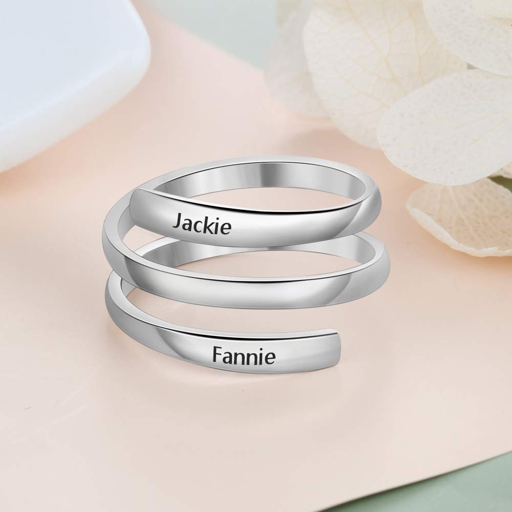 Personalized BFF Wrap Rings Free Engraving 2 Name Rings for Women Adjustable Couple Rings Promise Rings (silver)