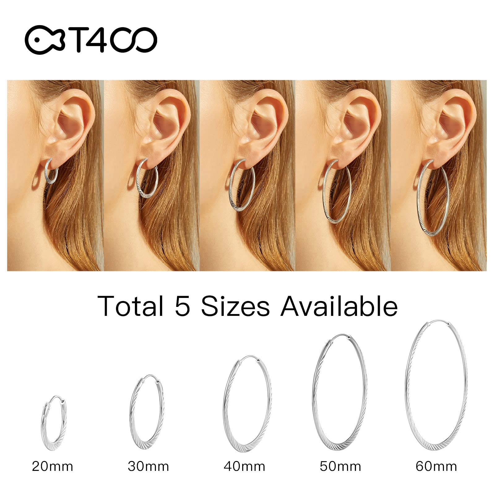 T400 Sterling Silver Hoop Earrings for Women Wide Flat Textured Round Medium Hoops (Diameter 40mm)