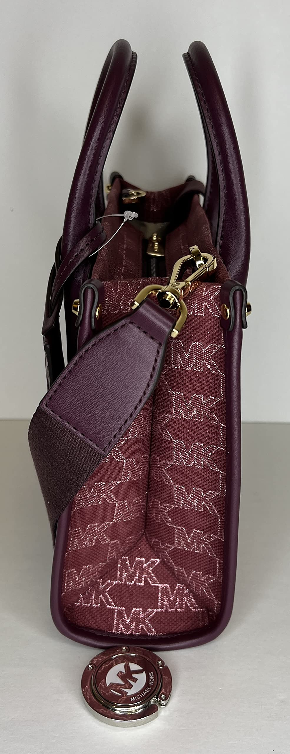 Michael Kors Mirella Small Shopper Top Zip Bag Bundled SM TZ Coinpouch Purse Hook (Mulberry Logo/Bordeaux)
