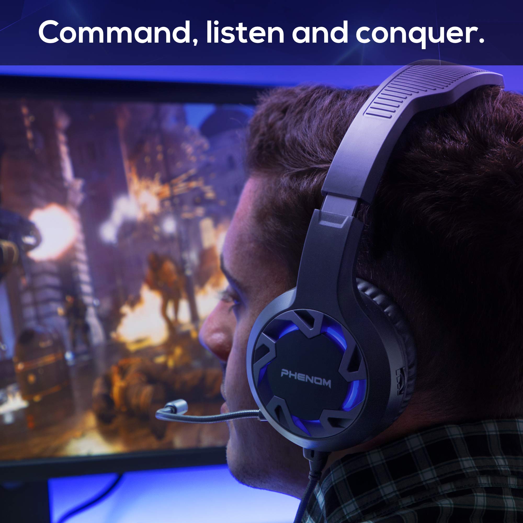 PHENOM LED Comfortable Noise-Isolating Gaming Headset with Microphone Immersive Audio and Volume Control | Works with Xbox One, PC, PS4 and Nintendo Switch (Blue)